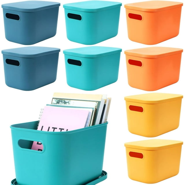 8 Pieces Colorful Storage Bins with Lid and Handle, Plastic Stackable ...