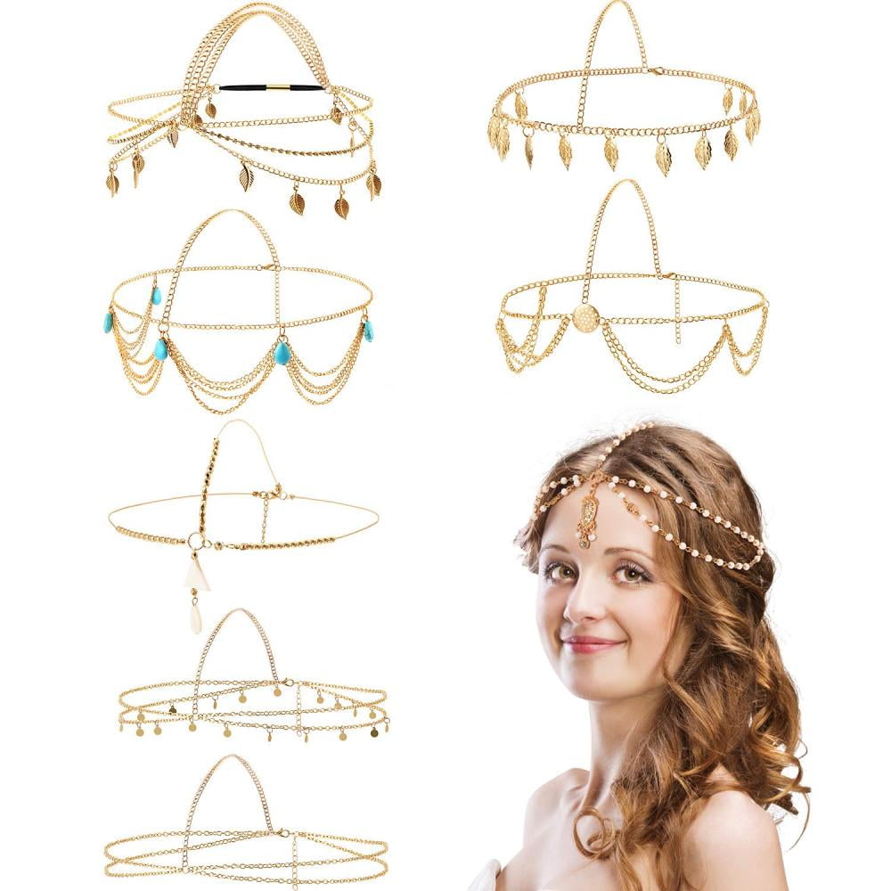8 Pieces Gold Head Chain Jewelry Boho Headband Head Chain Coins Pearl ...