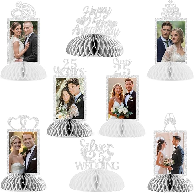 8 Pieces Happy 25th Wedding Anniversary Honeycomb Centerpiece, Silver ...
