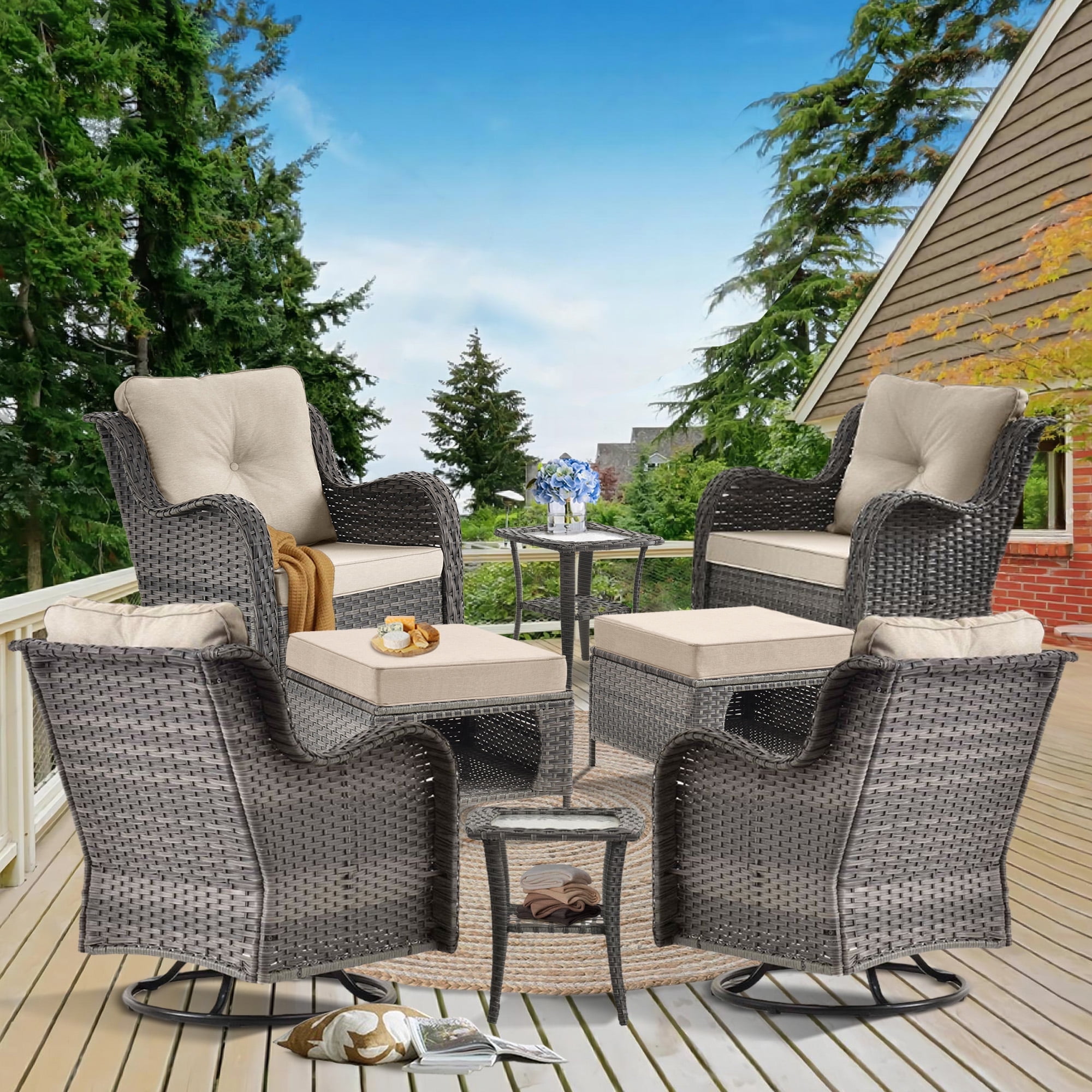 8 Pieces Outdoor Conversation Set with Swivel Rocker Chairs and Ottoman ...