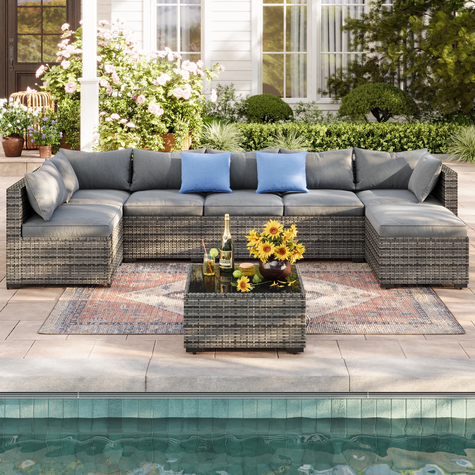 8 Pieces Outdoor Rattan Sectional Couch with Glass Coffee Table and ...