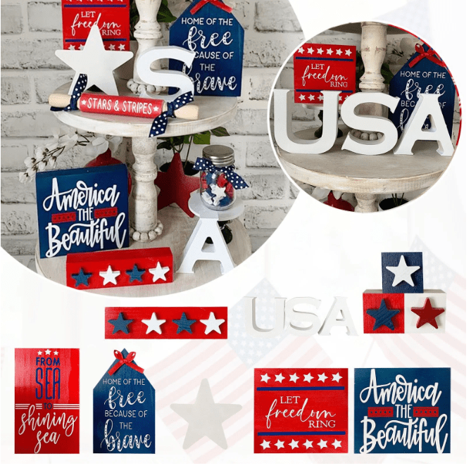 8 Pieces Patriotic Farmhouse Tiered Tray Decor Set, Rustic Wooden Home ...