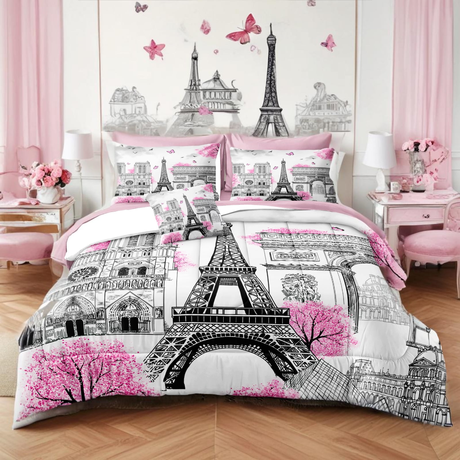 8 Pieces Pink and Grey Comforter Set Queen Size Paris Comforter Set ...