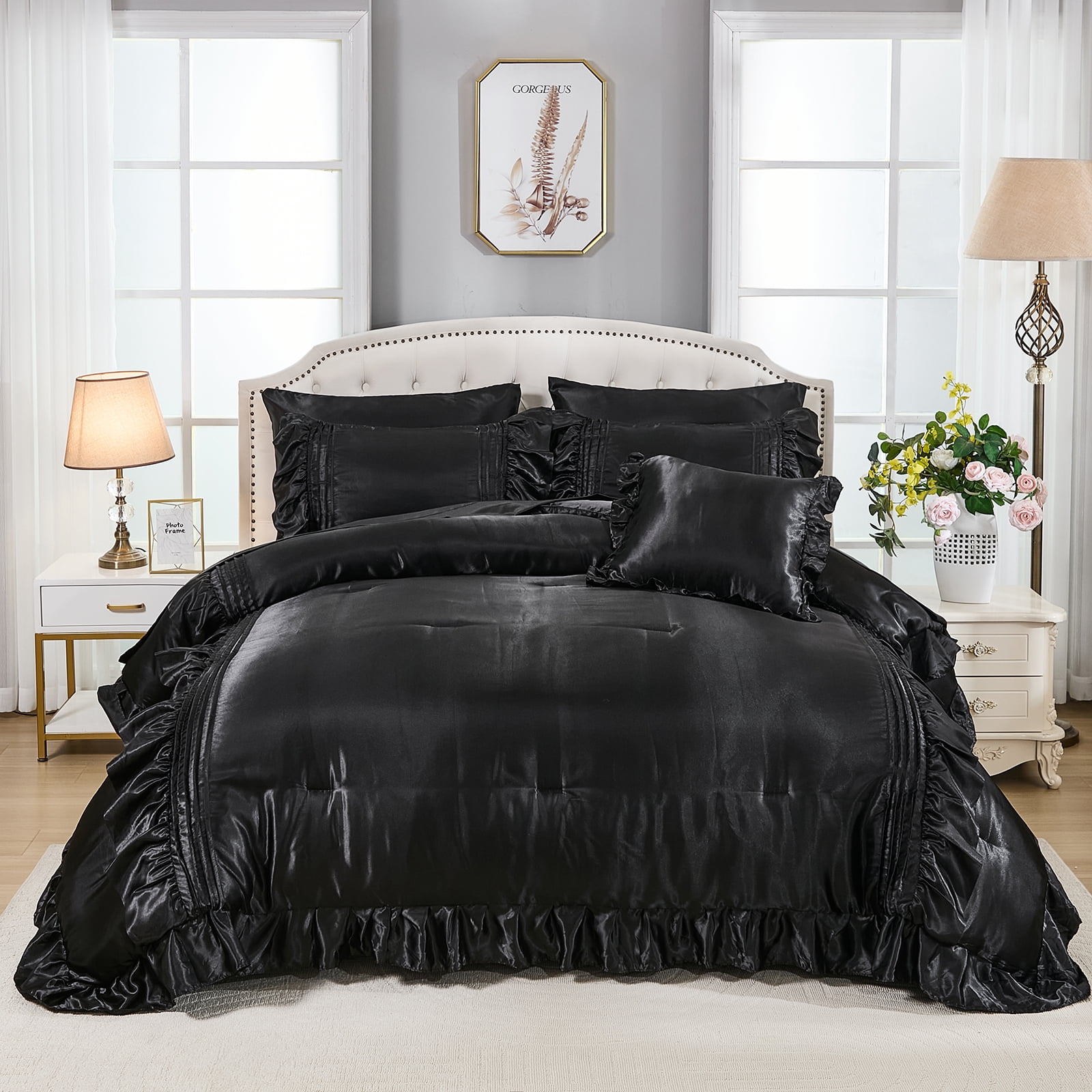8 Pieces Satin Ruffle Comforter Set Queen/King Size Comforter with ...