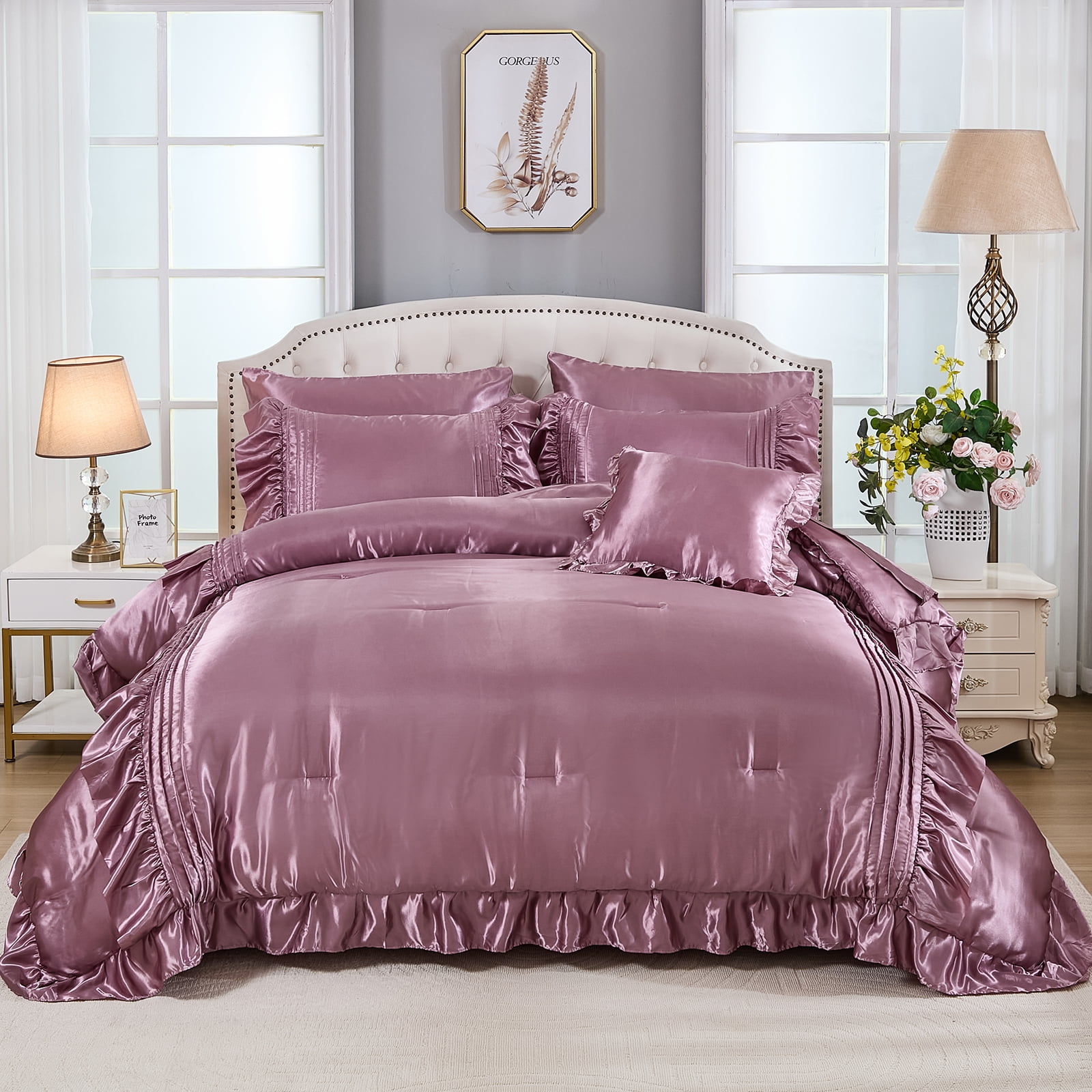 8 Pieces Satin Ruffle Comforter Set Queen/King Size Comforter with ...