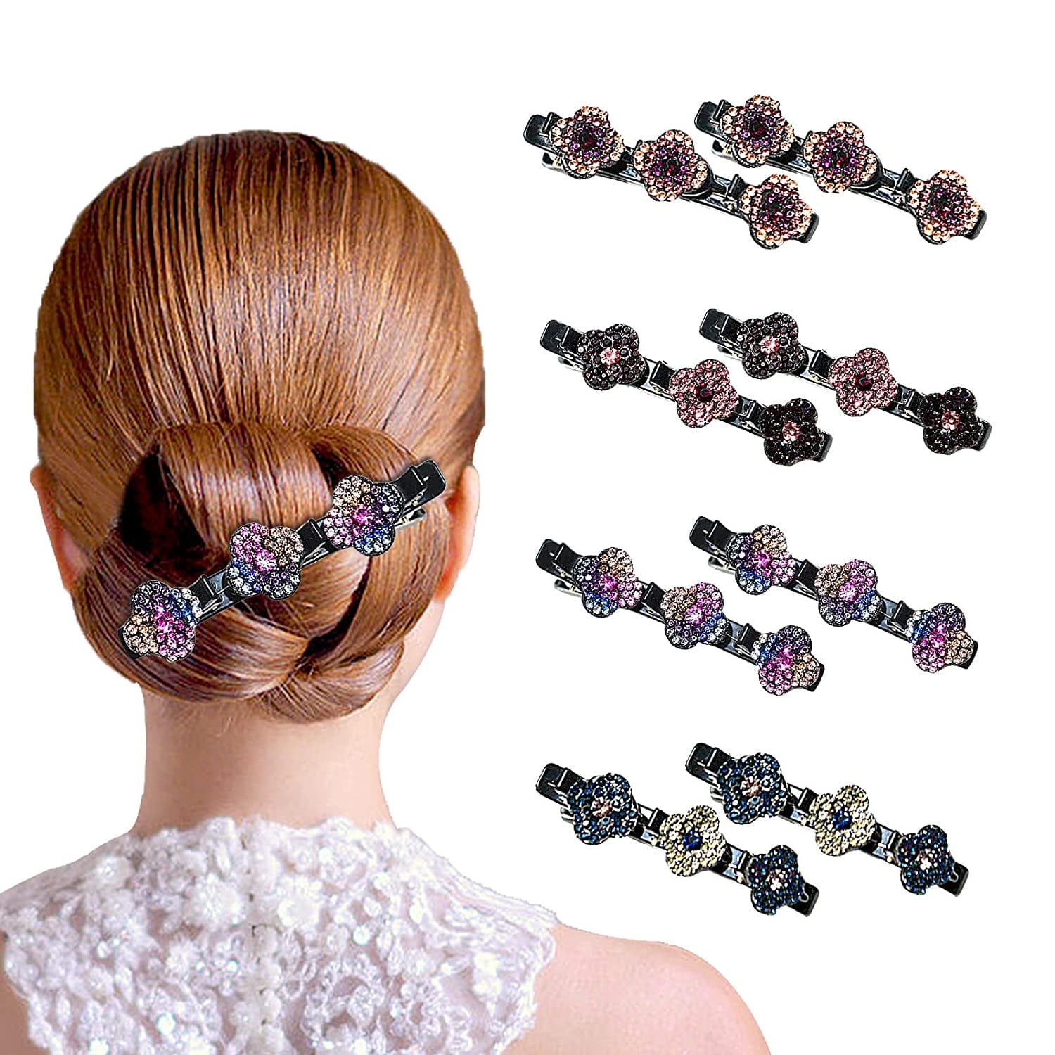 8 Pieces Sparkling Rhinestone Hair Clips, Four-Leaf Satin Fabric Hair ...
