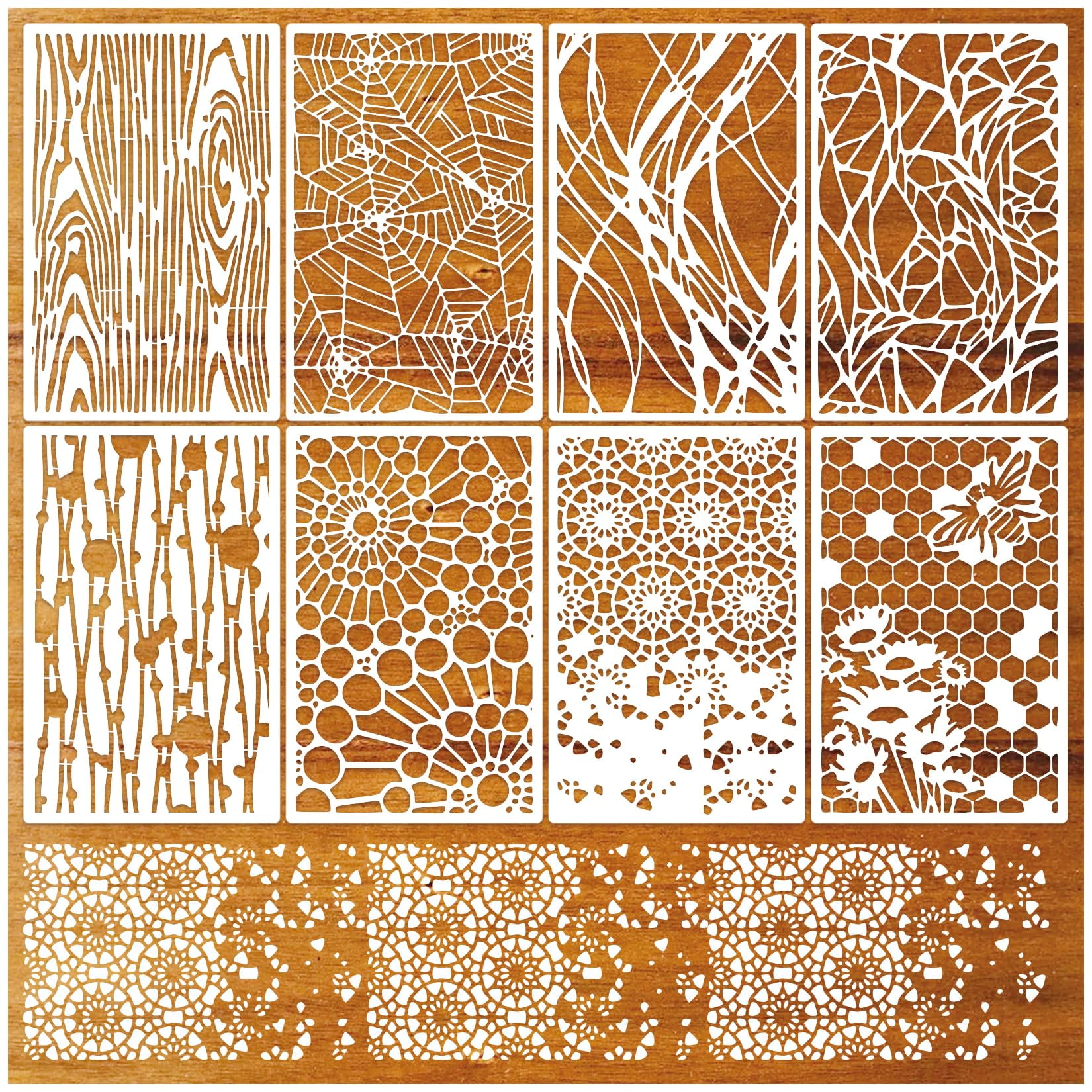 8 Pieces Stencils for Crafts Reusable Texture Spider Stencils Net Wood ...
