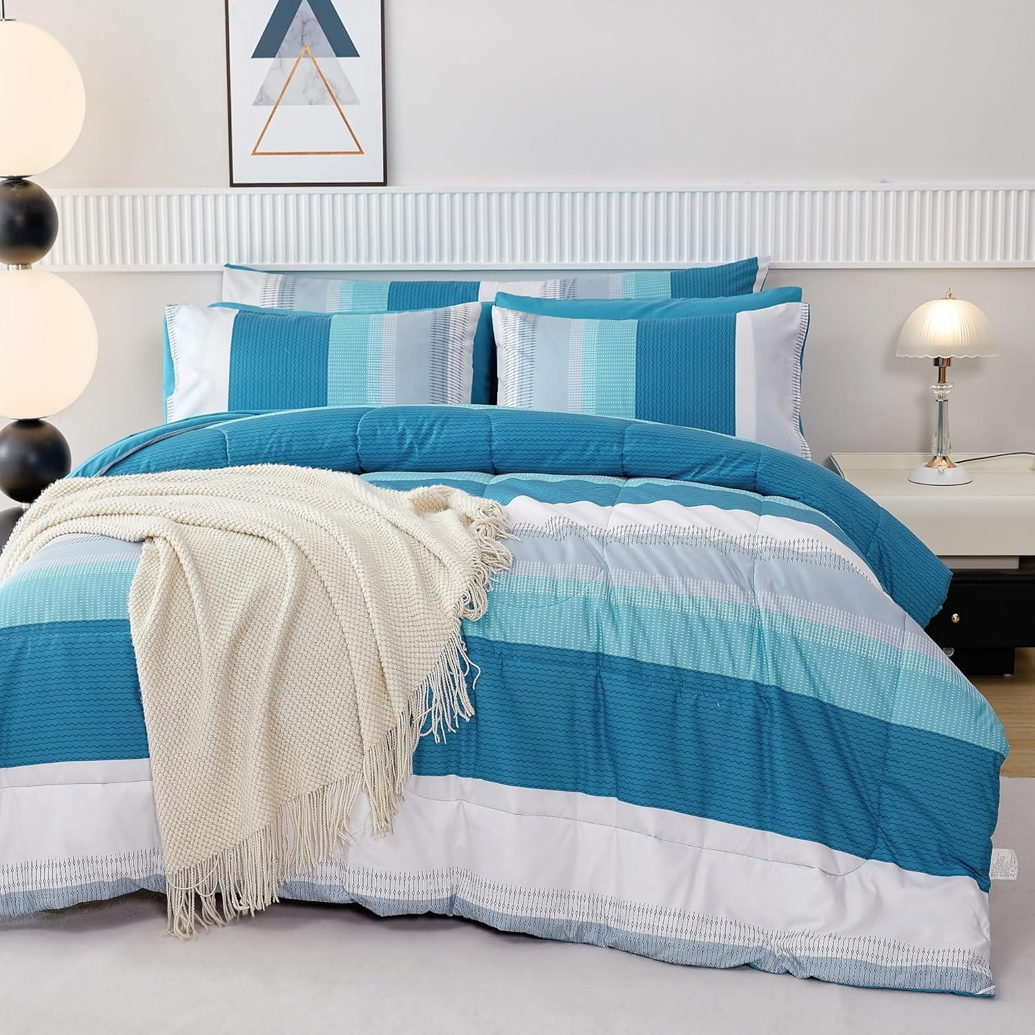 8 Pieces Teal Grey Full Bed Comforter Sets, Soft All Season Boys Men ...