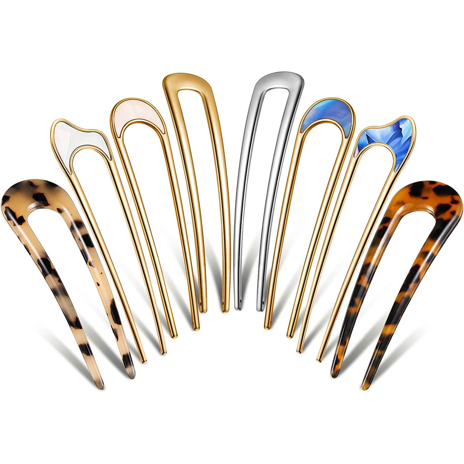 8 Pieces U-Shaped Hairpin French Style Hair Stick Tortoise Shell Metal ...