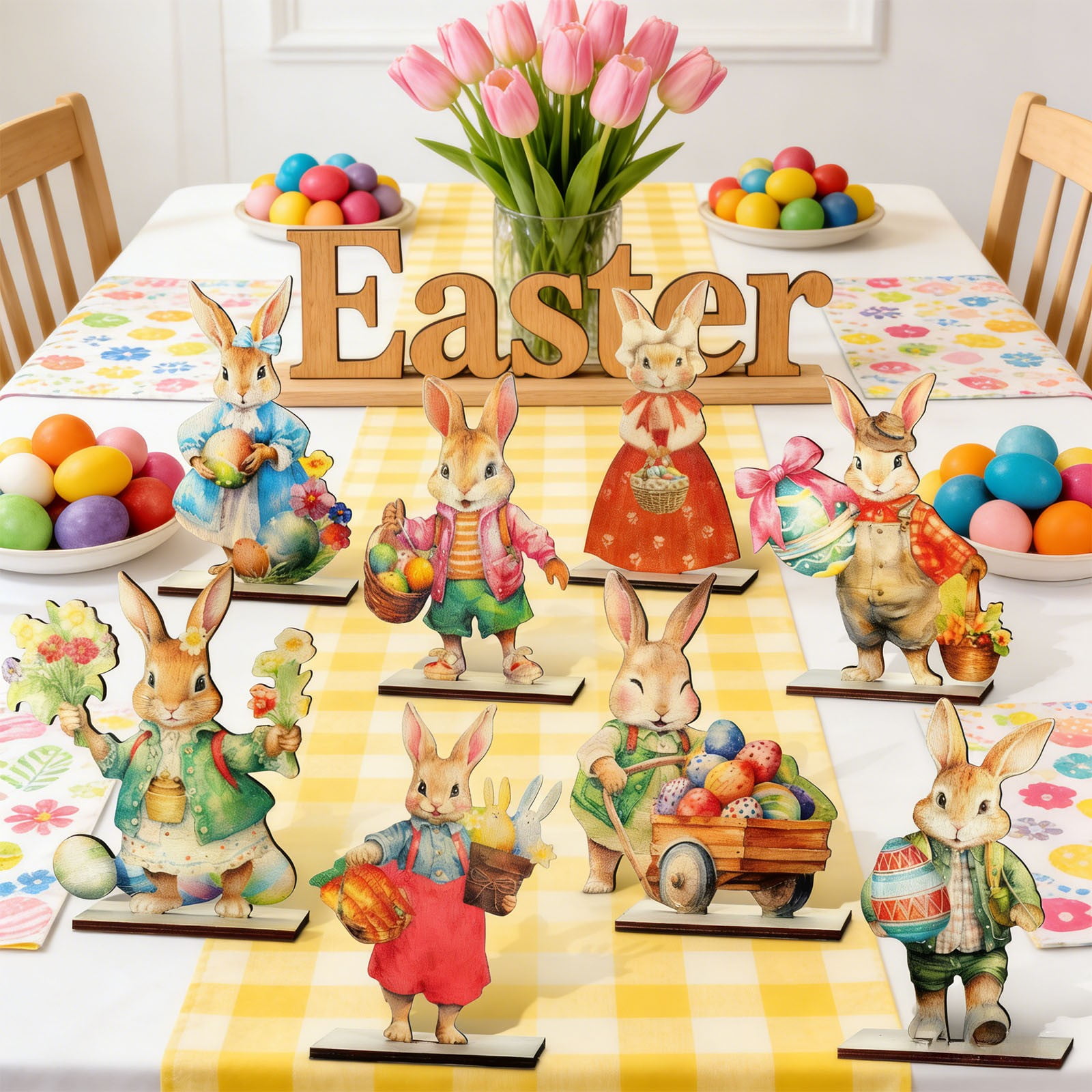 8 Pieces Wooden Easter Table Bunny Decorations Set Featuring ...
