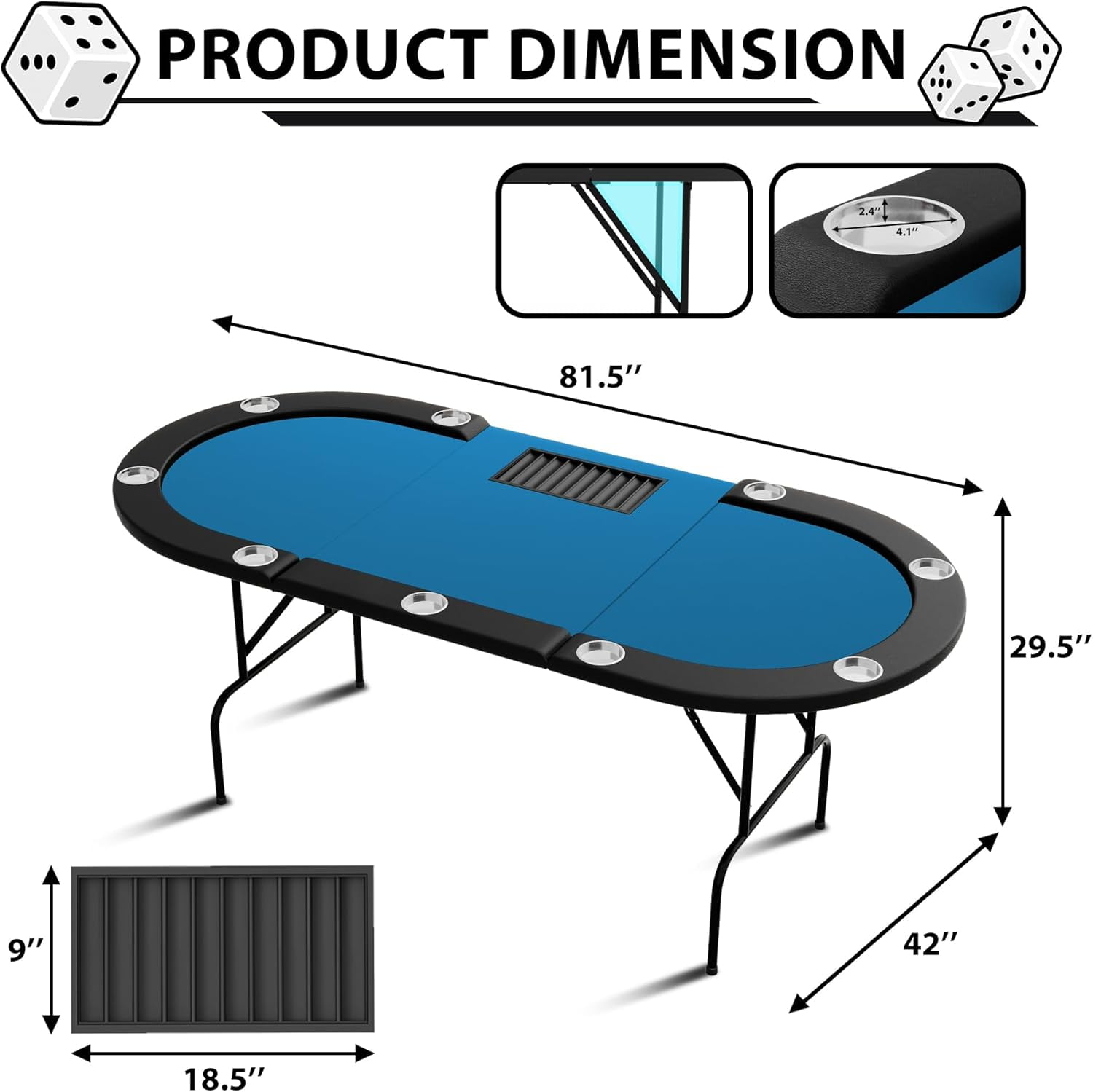 8-Player Poker Table Poker Table with Chip Trays and Collapsible Legs ...