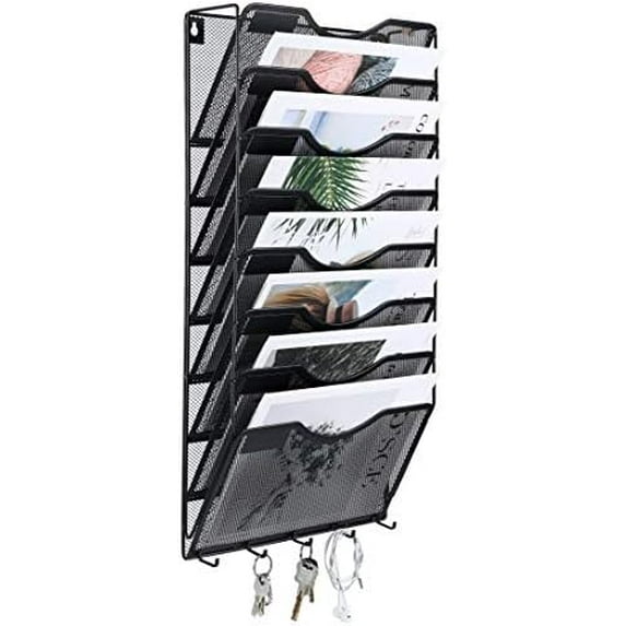 8 Pocket Mesh Wall File Organizer with Key Hooks, Hanging Paper Folder ...