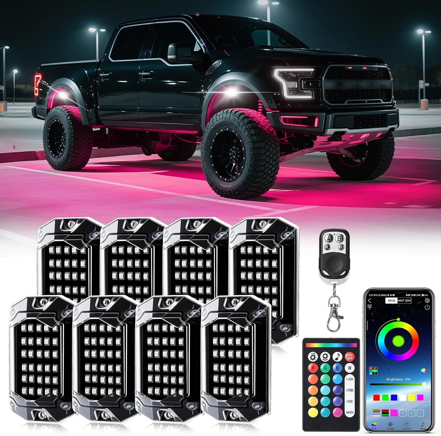 8 Pods Full Angle RGB LED Rock Lights for Jeeps ATV UTV RZR Offroad ...