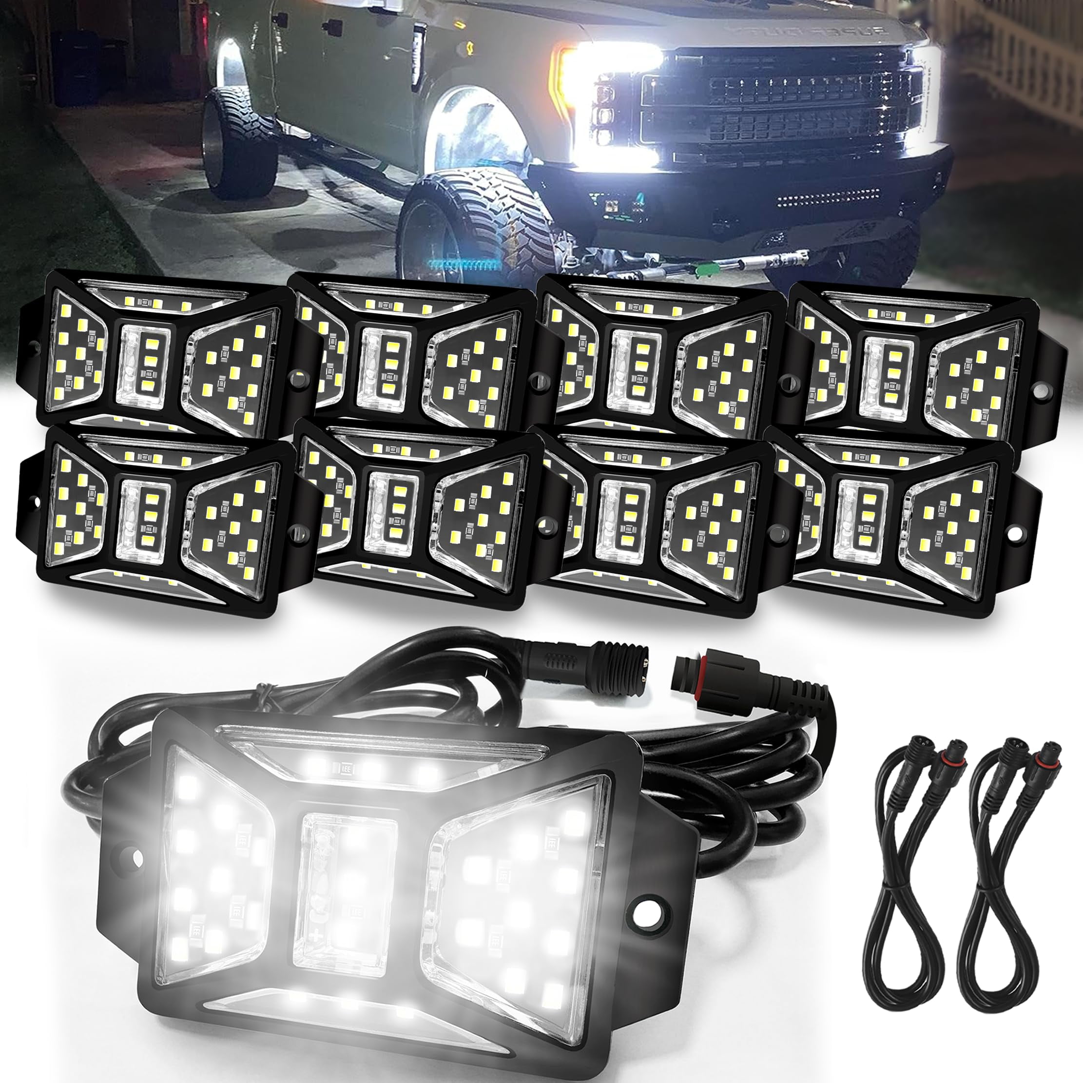 8 Pods Pure White OIF8 Rock Lights with 2 Pack Connectors Extension ...