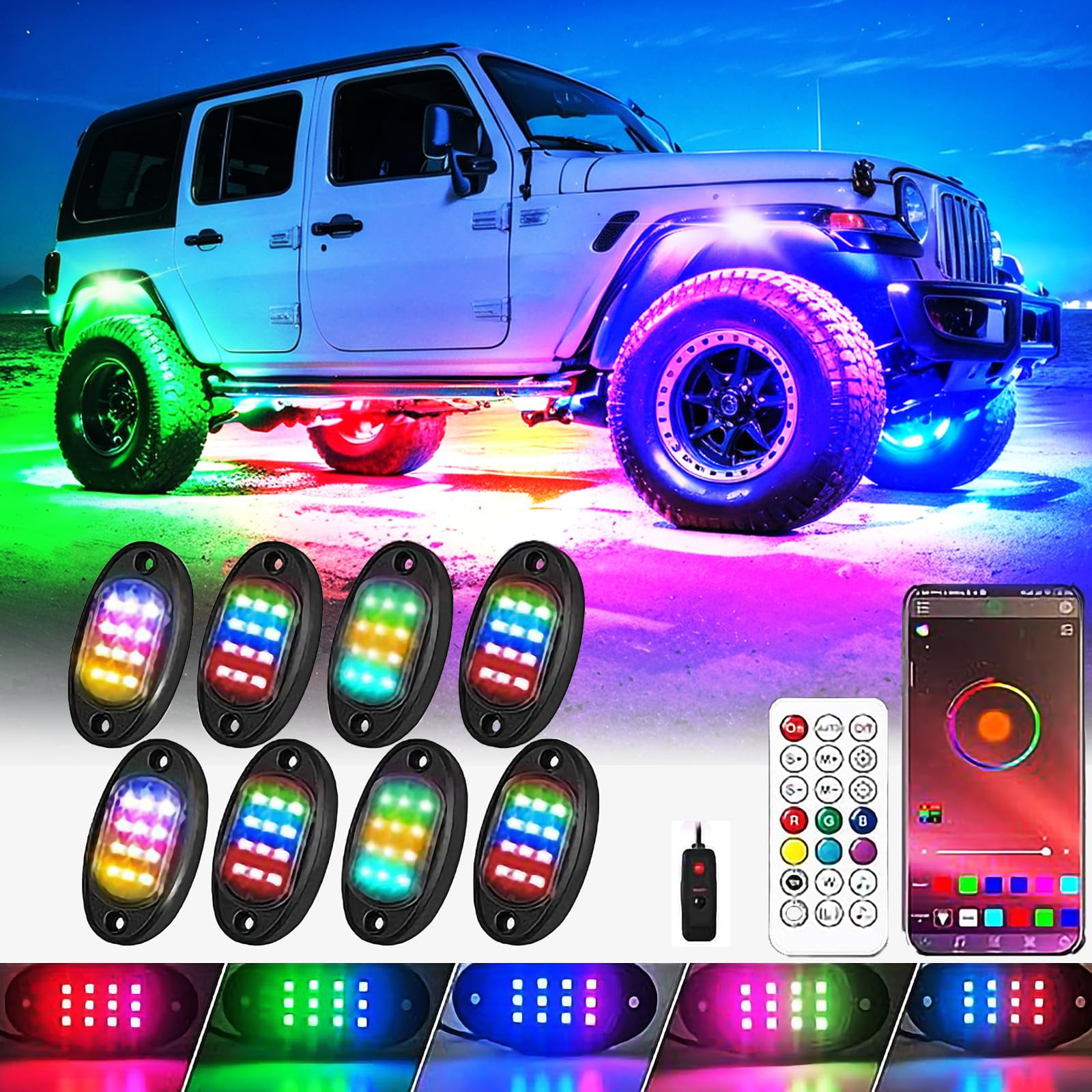8 Pods RGB+IC LED Chasing Rock Lights for Cart Jeep Trucks Car SUV ATV ...