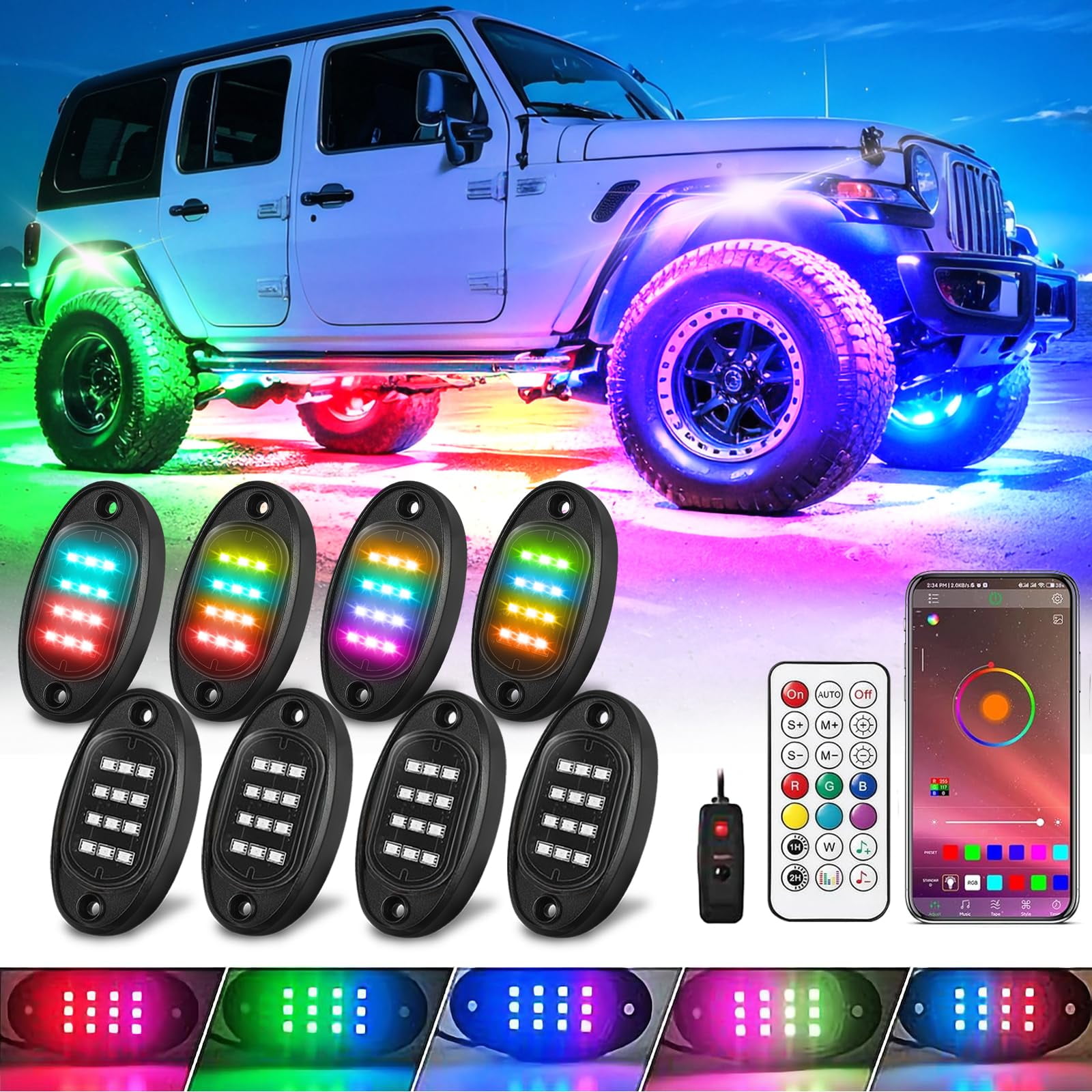 8 Pods RGB+IC LED Rock Lights BSL1 for Golf Truck SUV UTV Offroad ...
