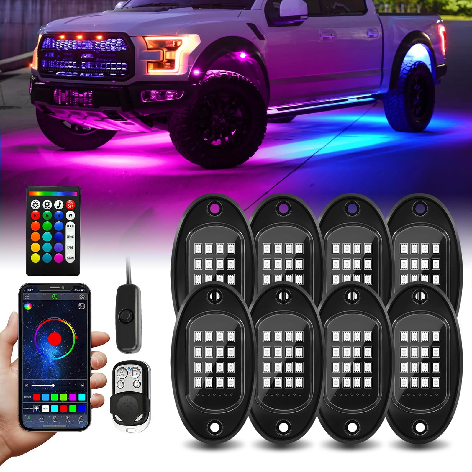 8 Pods RGB LED IFF17 Rock Lights with Remote Control High Brights ...