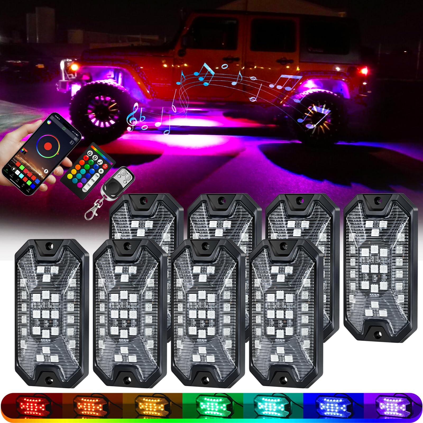 8 Pods RGB LED KEF16 Rock Lights 5 with APP/RF Remote Control IP68 Waterproof Underglow Multi ...