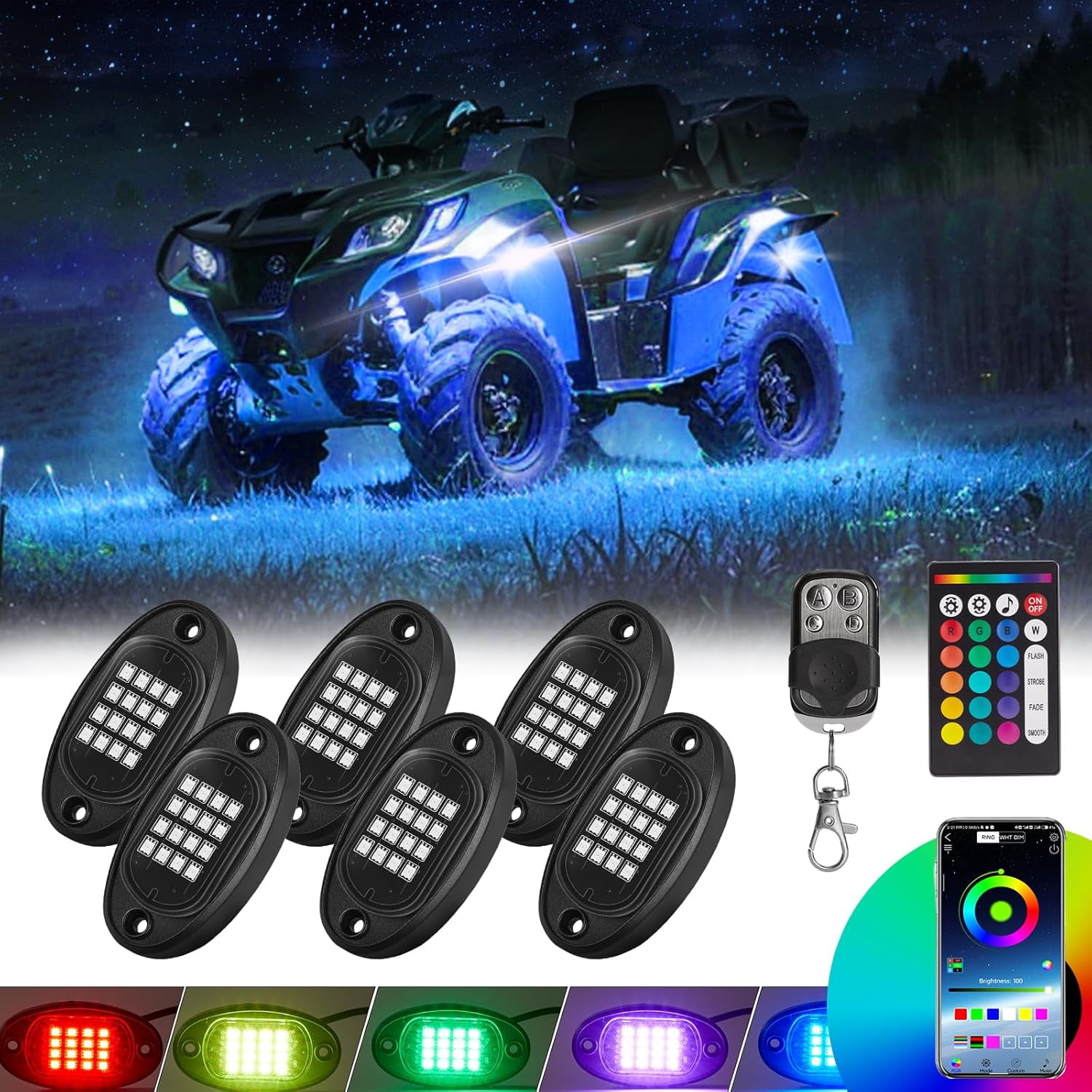 8 Pods RGB LED Rock Lights for Jeep Trucks Golf Cart ATV UTV RZR SUV Offroad Pickup, Waterproof ...