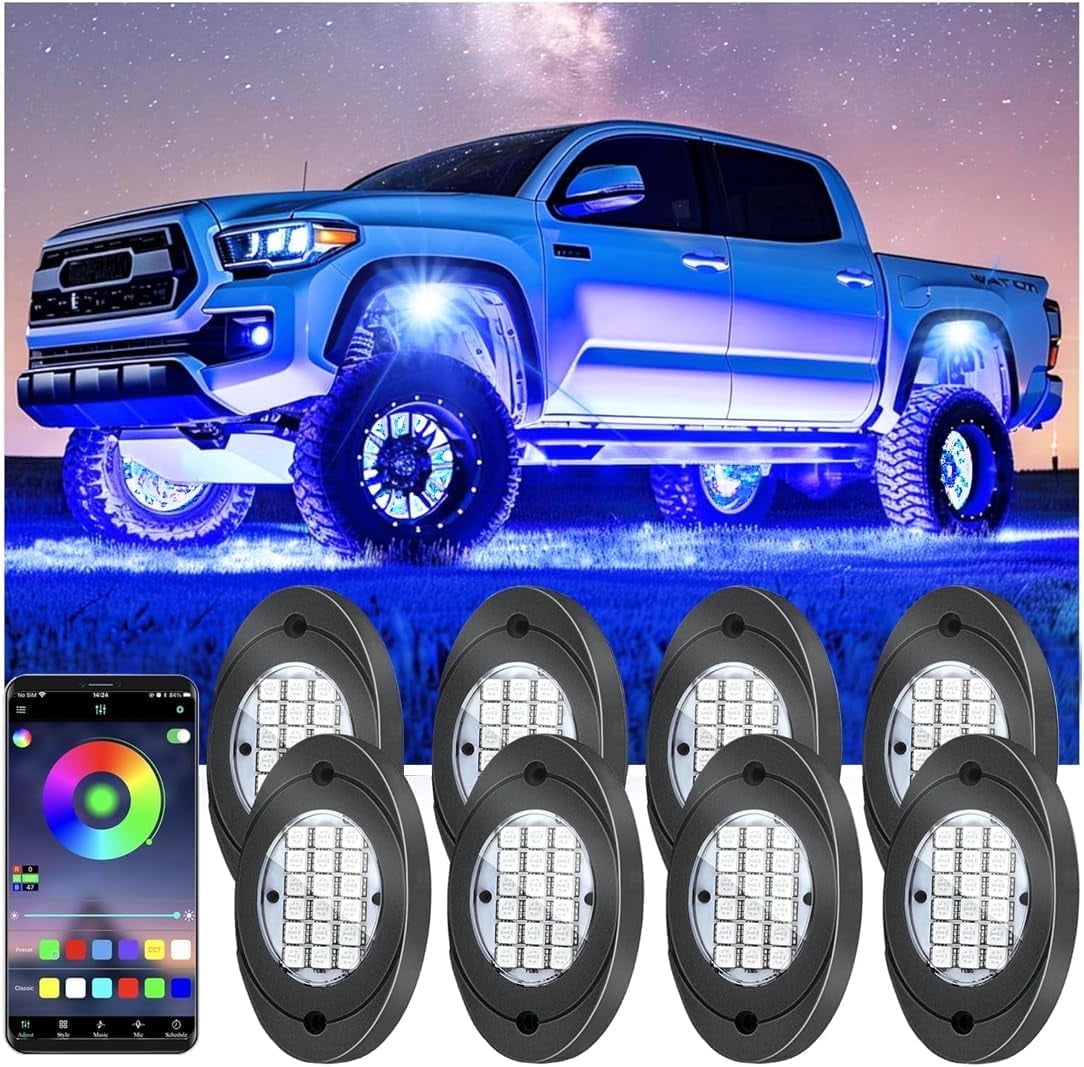 8 Pods RGB LED Rock Lights, Underglow Multicolor Neon Light Kit Wheel ...