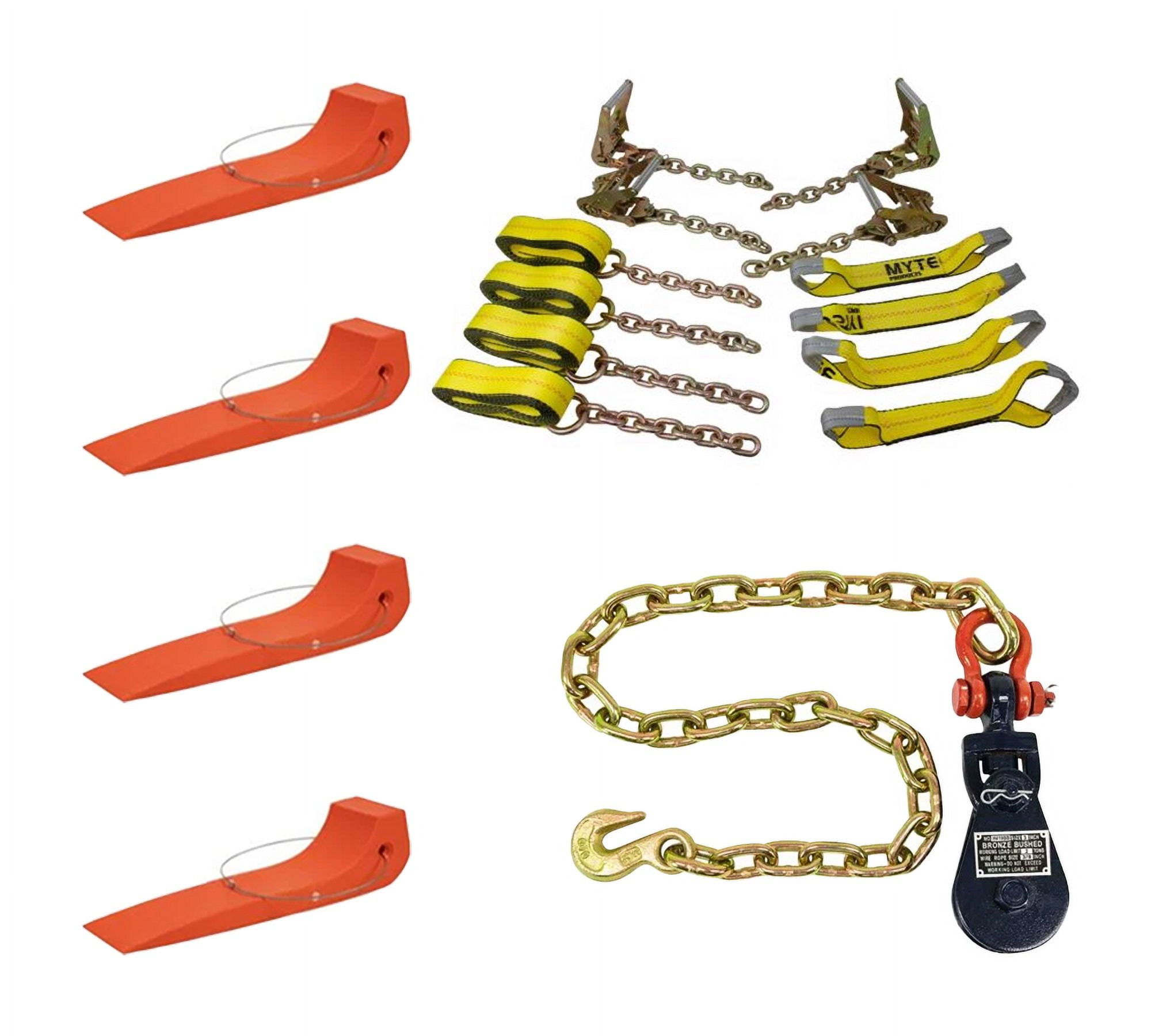 8 Point Roll Back Tie Down Kit w/ 2 Ton Snatch Block Chain and 4 Pcs ...