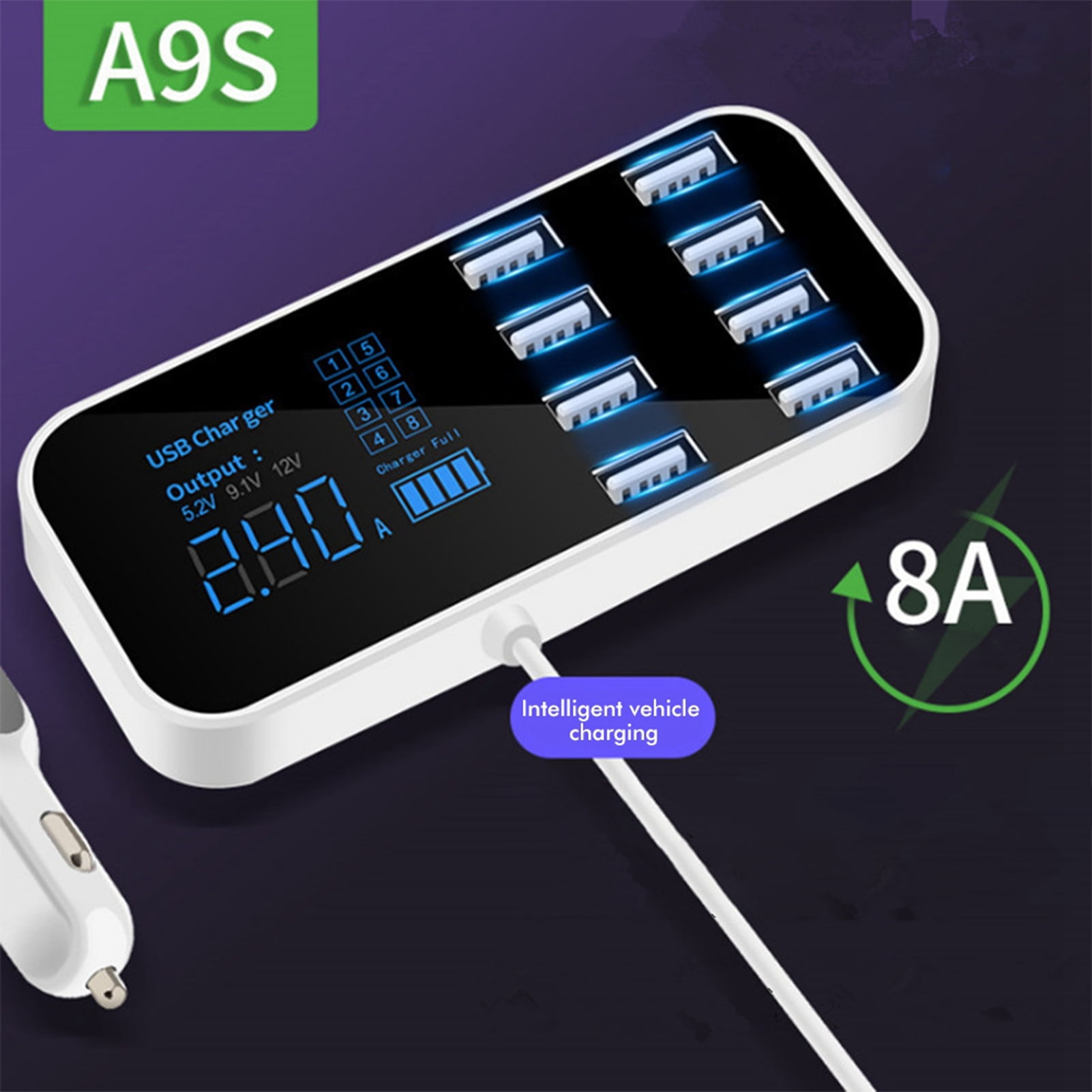 8 Ports USB Car Charger with LED Display Multi USB Socket Car Adapter ...