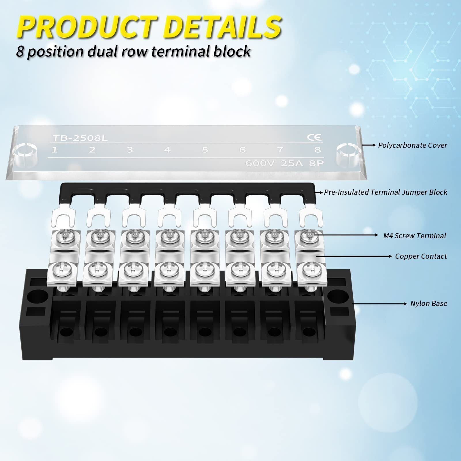 8 Position Terminal Block 25A 600V Dual Row Screw Terminal Strip W ...