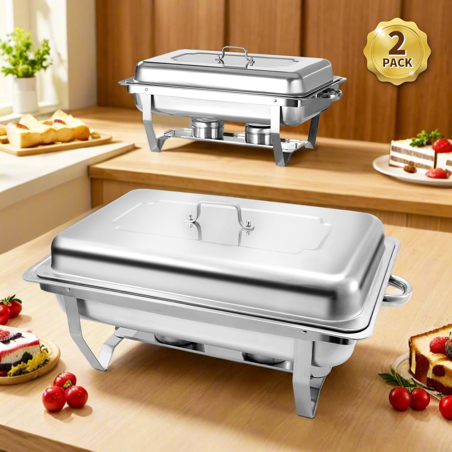 8 Qt 2 Pack Full Size Stainless Steel Chafing Dishes Buffet Set, Silver ...