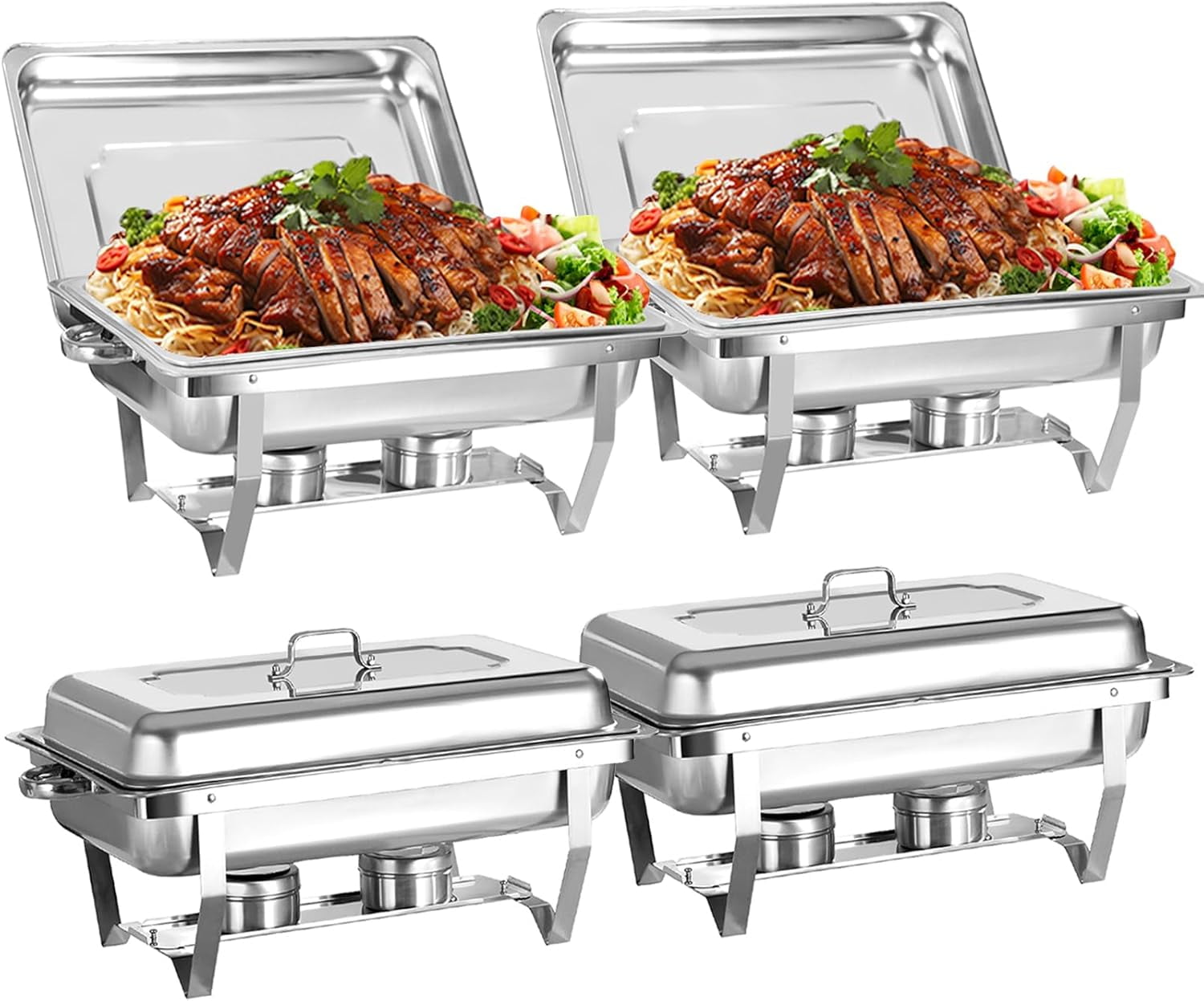 8 Qt 4 Pack Full Size Stainless Steel Chafing Dishes Buffet Set, Silver Rectangular Catering ...