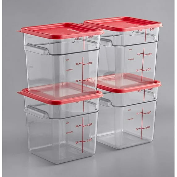 8 Qt. Clear Square Polycarbonate Food Storage Container and Red Lid - 4 ...