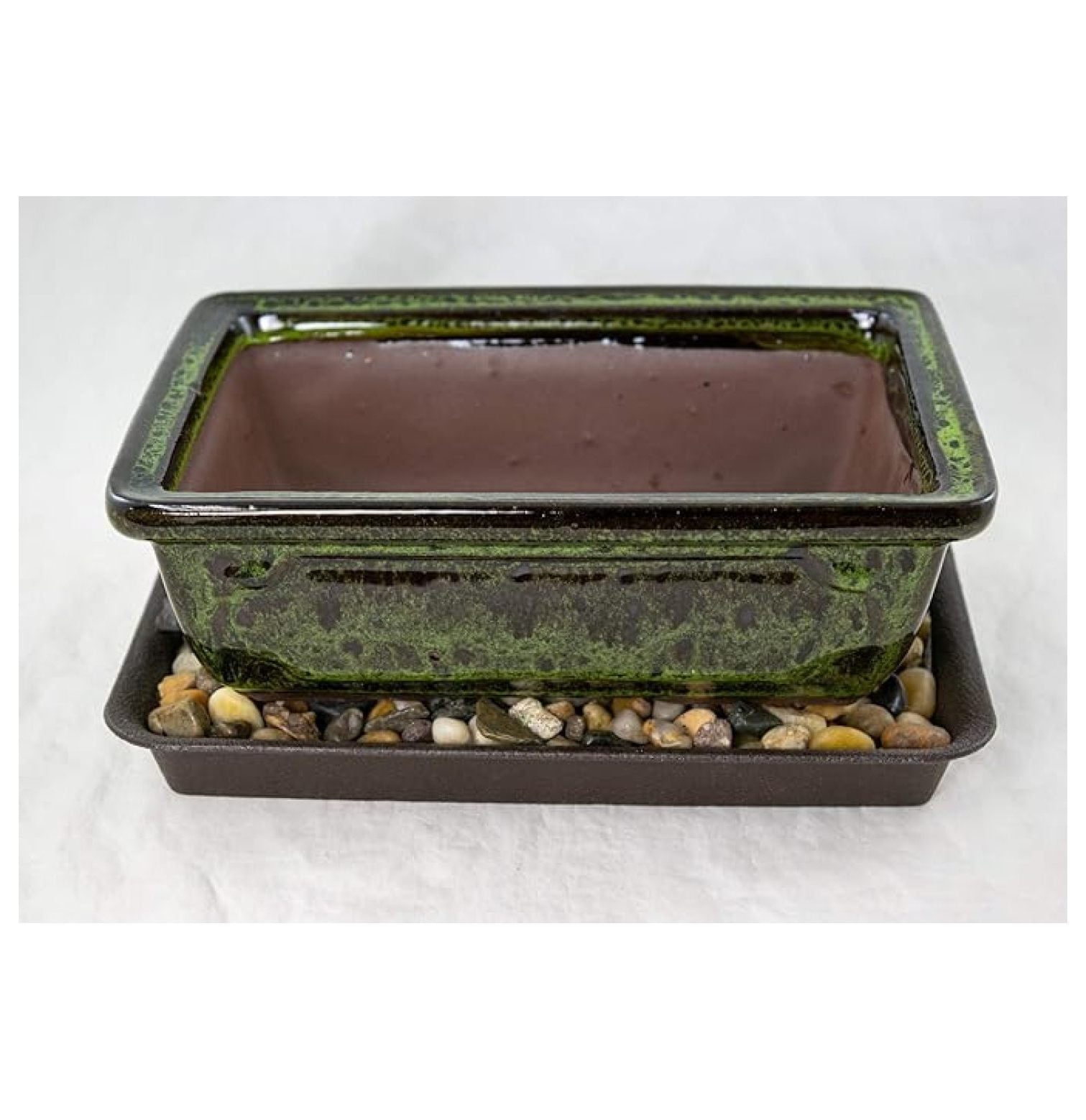 8" Rectangular Moss Green Pot, Cactus & Planter + Tray + Rock + Mesh ...