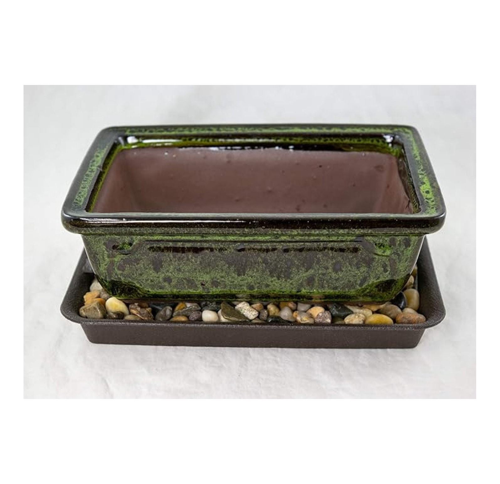 8" Rectangular Moss Green Pot, Cactus & Planter + Tray + Rock + Mesh ...