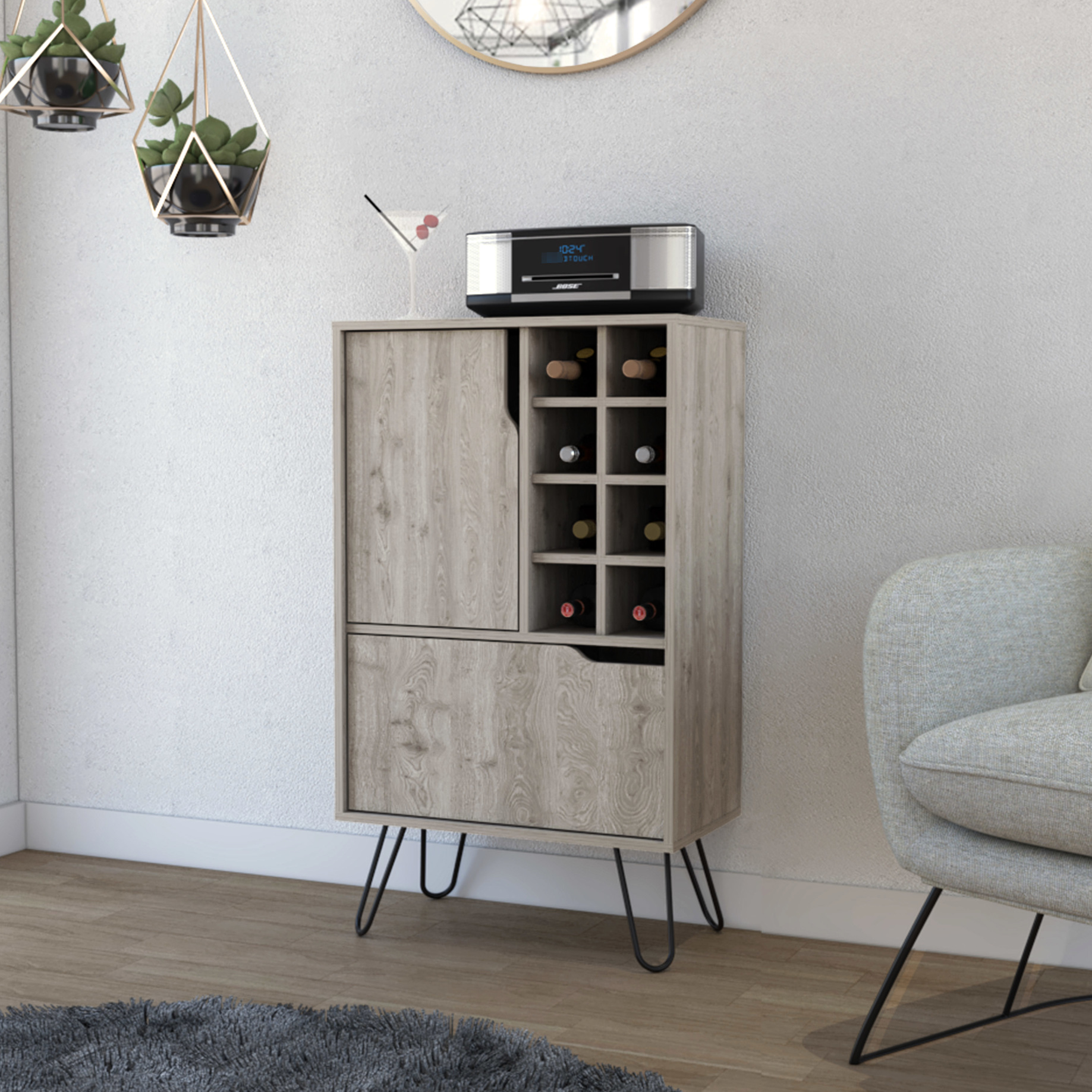 8 Rectangular Oak Bar Cabinet - 2 Doors, 8 Open Shelves, 3 Internal ...