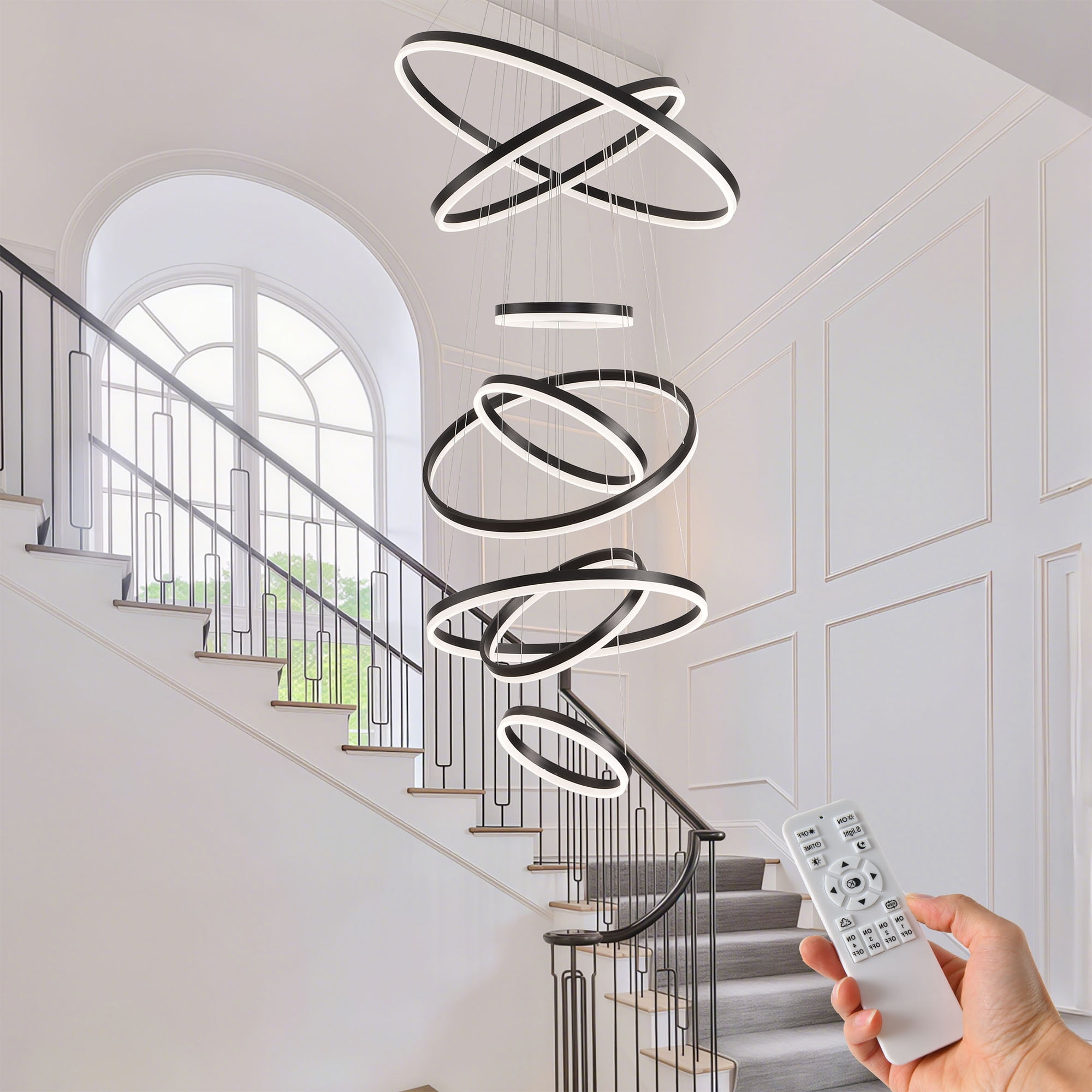 8 Ring Modern LED Chandelier, Dimmable Black Ring High Ceiling Lighting ...