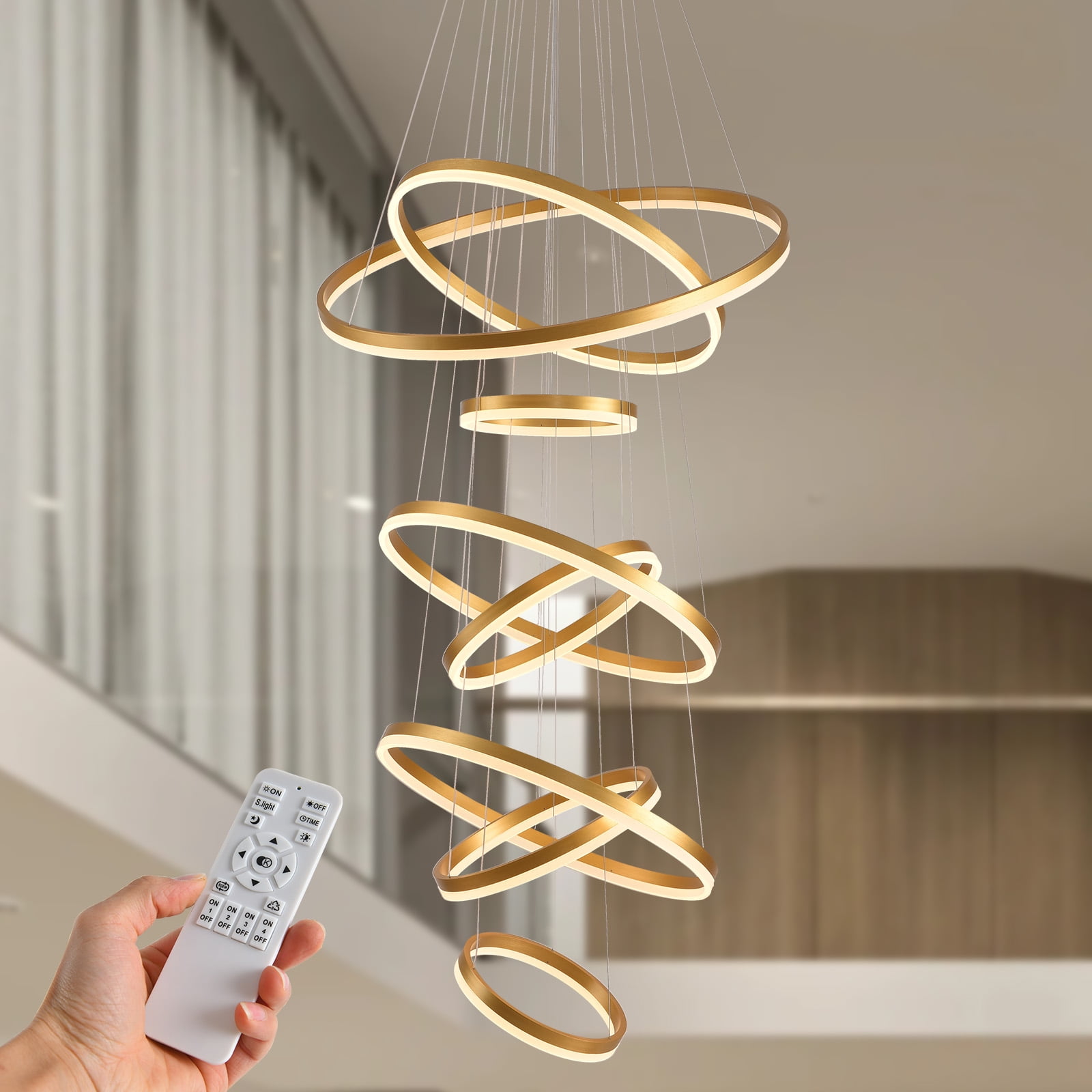 8 Rings Modern LED Chandelier, High Ceiling Chandeliers for Dining Room ...