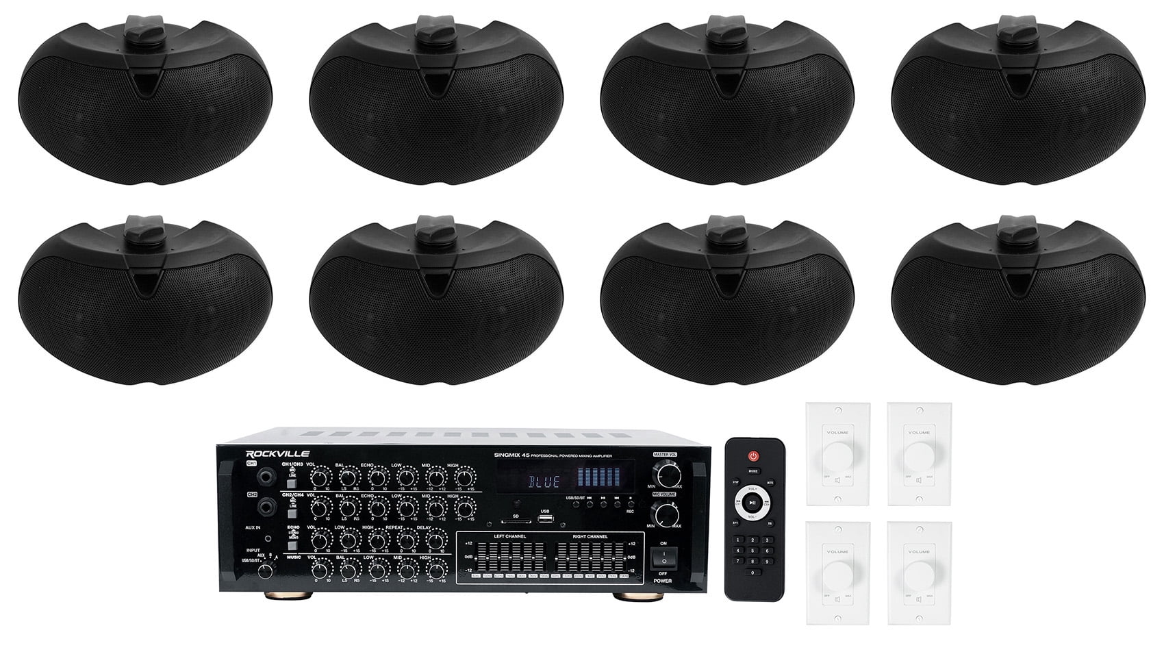 8 Rockville 16 Ohm Dual 4" Outdoor Restaurant Patio Speakers+Receiver ...