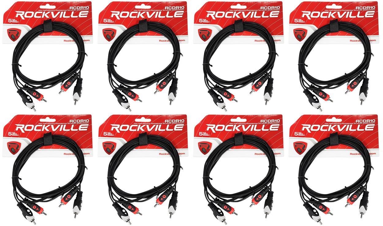 8 Rockville RCDR10B 10' Dual Mono RCA to RCA Patch Cable 100% Copper ...