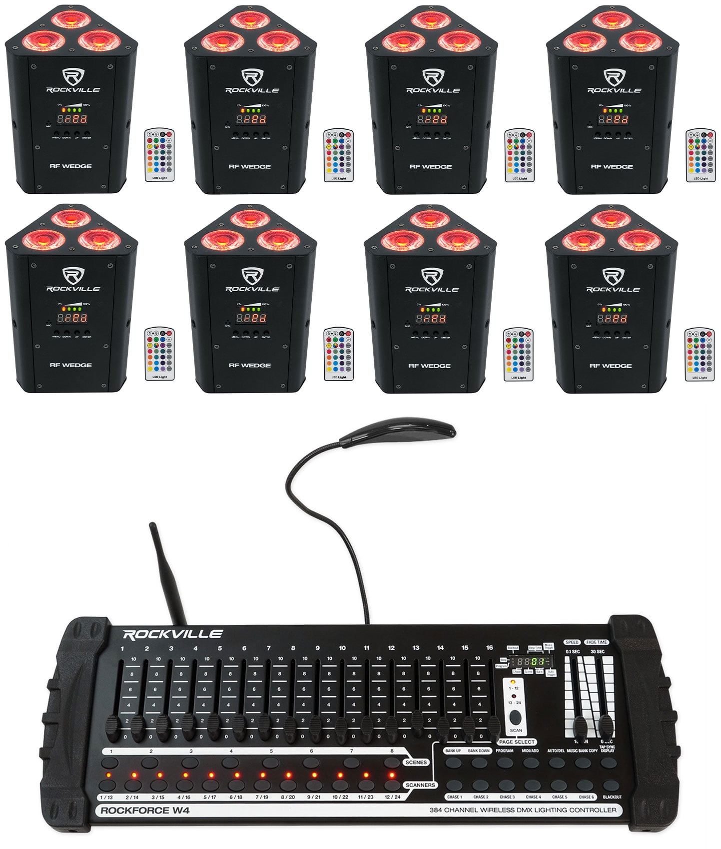 (8) Rockville RF WEDGE BLACK RGBWA+UV Wireless DMX Up Lights+384 Ch ...
