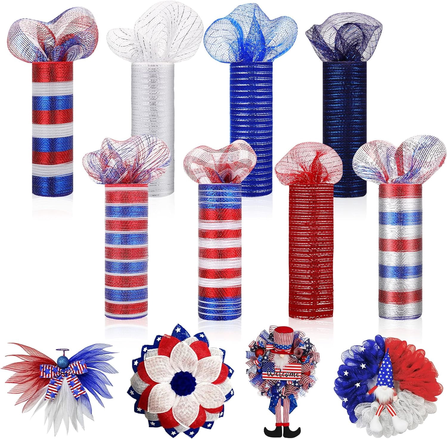 8 Rolls 4th of July Mesh Ribbon for Wreaths 10 Inch x 30 Feet Each Roll ...