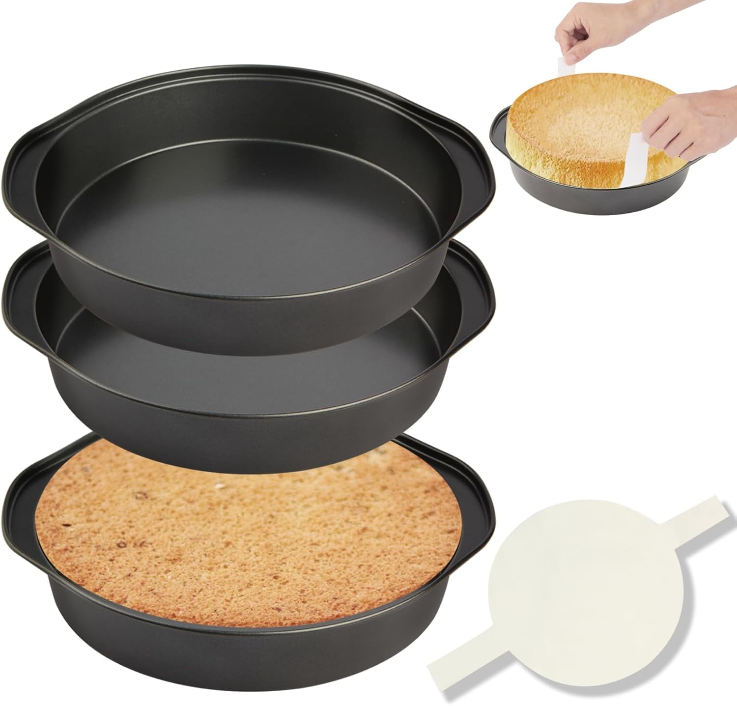8" Round Cake Pan, 3PCS Nonstick Cake Pans with 100 PCS Parchment Paper ...