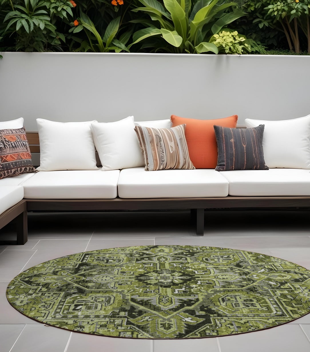 8' Round Olive Green and Dark Green Round Oriental Washable Non Skid ...