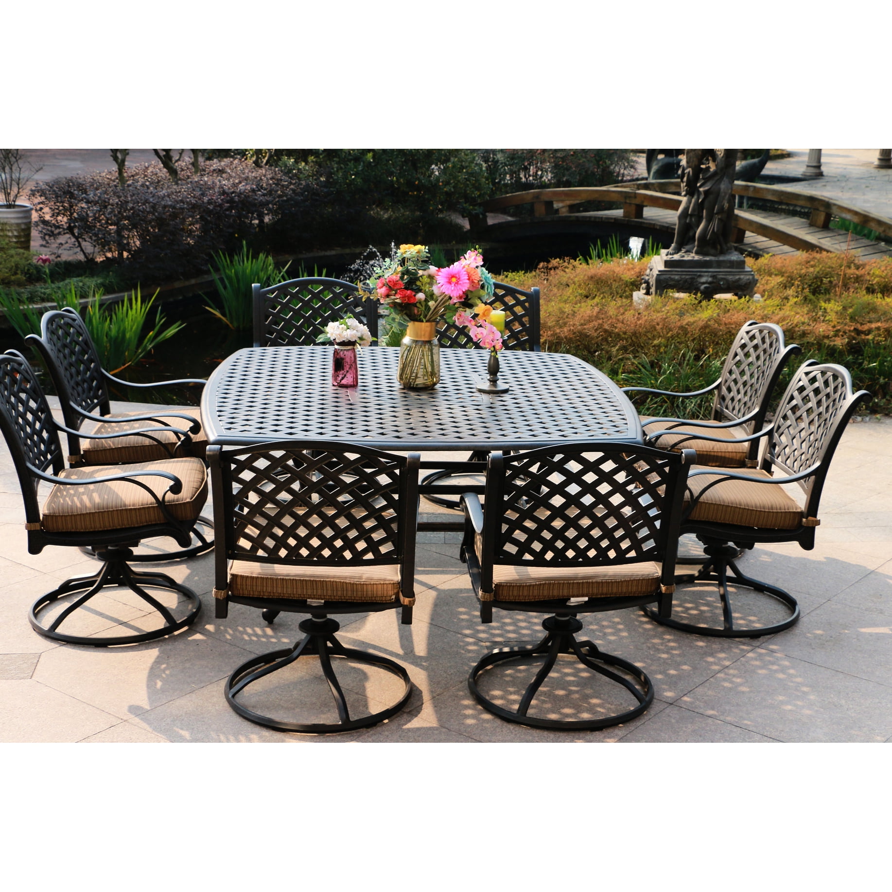 8 Rustproof Dining - Square Table, Brown Cushions, All-weather Charm 9 ...