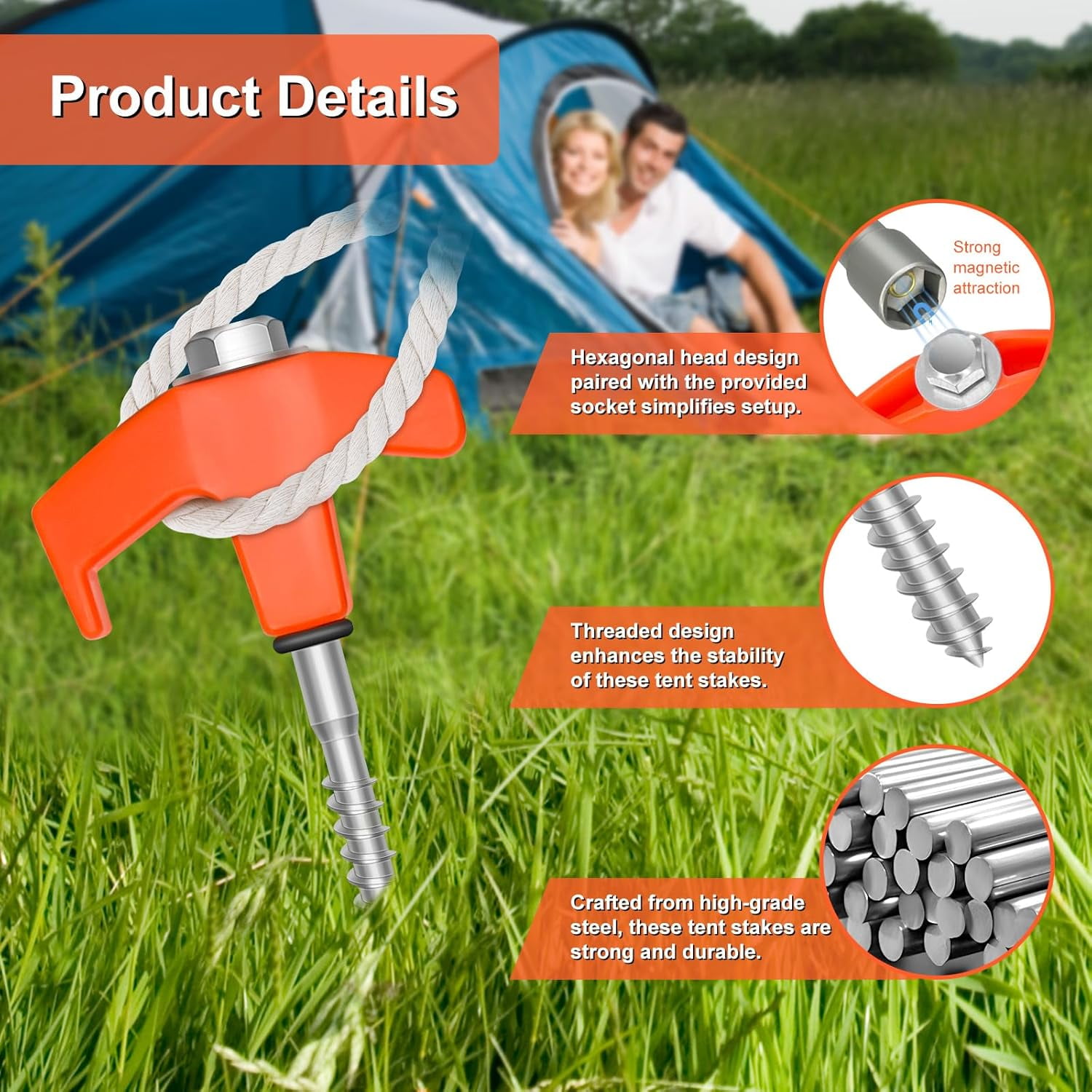 8" Screw Tent Stakes - Heavy-Duty Metal Threaded Camping Tent Spikes ...