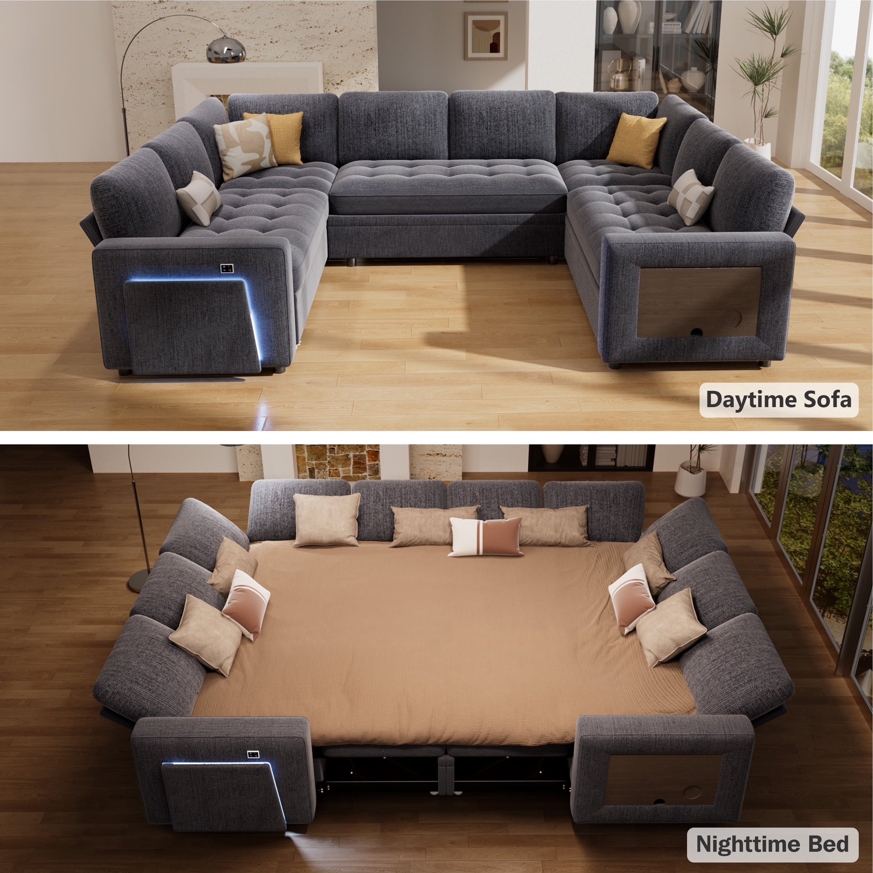 8-Seat Large U Shaped Modular Sectional | Pull Out Bed Sleeper Sofa Dark Grey/ Reclining ...