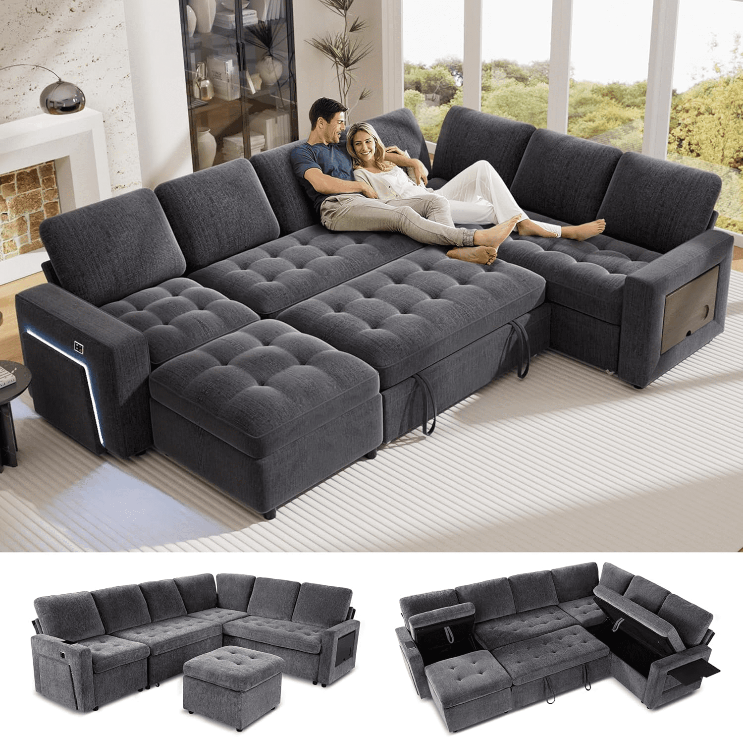 8-Seat Large U Shaped Modular Sectional | Pull Out Bed Sleeper Sofa w/ Reclining Backrest, USB ...