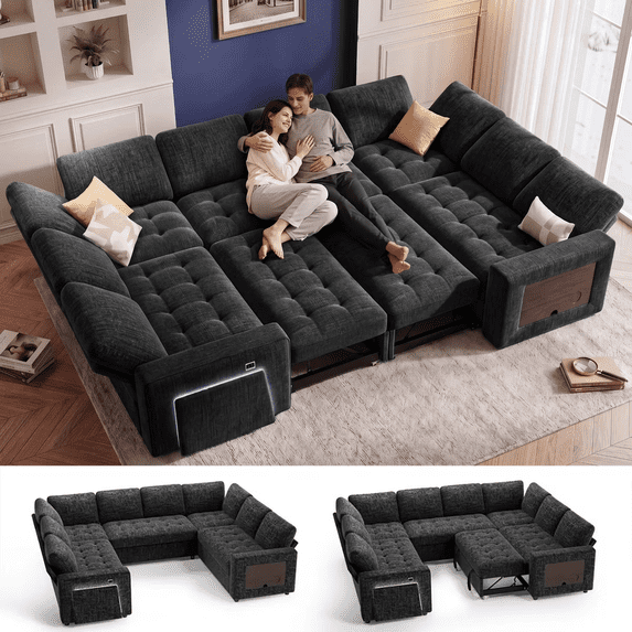 8 Seat U-Shaped Modular Sectional Sleeper Sofa with Pull Out Bed ...