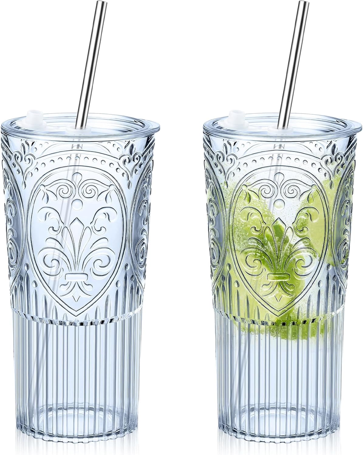 8 Set 20oz Vintage Ribbed Floral Plastic Tumblers with Lids & Straws ...