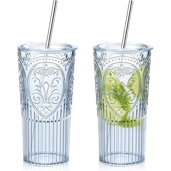 8 Set 20oz Vintage Ribbed Floral Plastic Tumblers with Lids & Straws ...