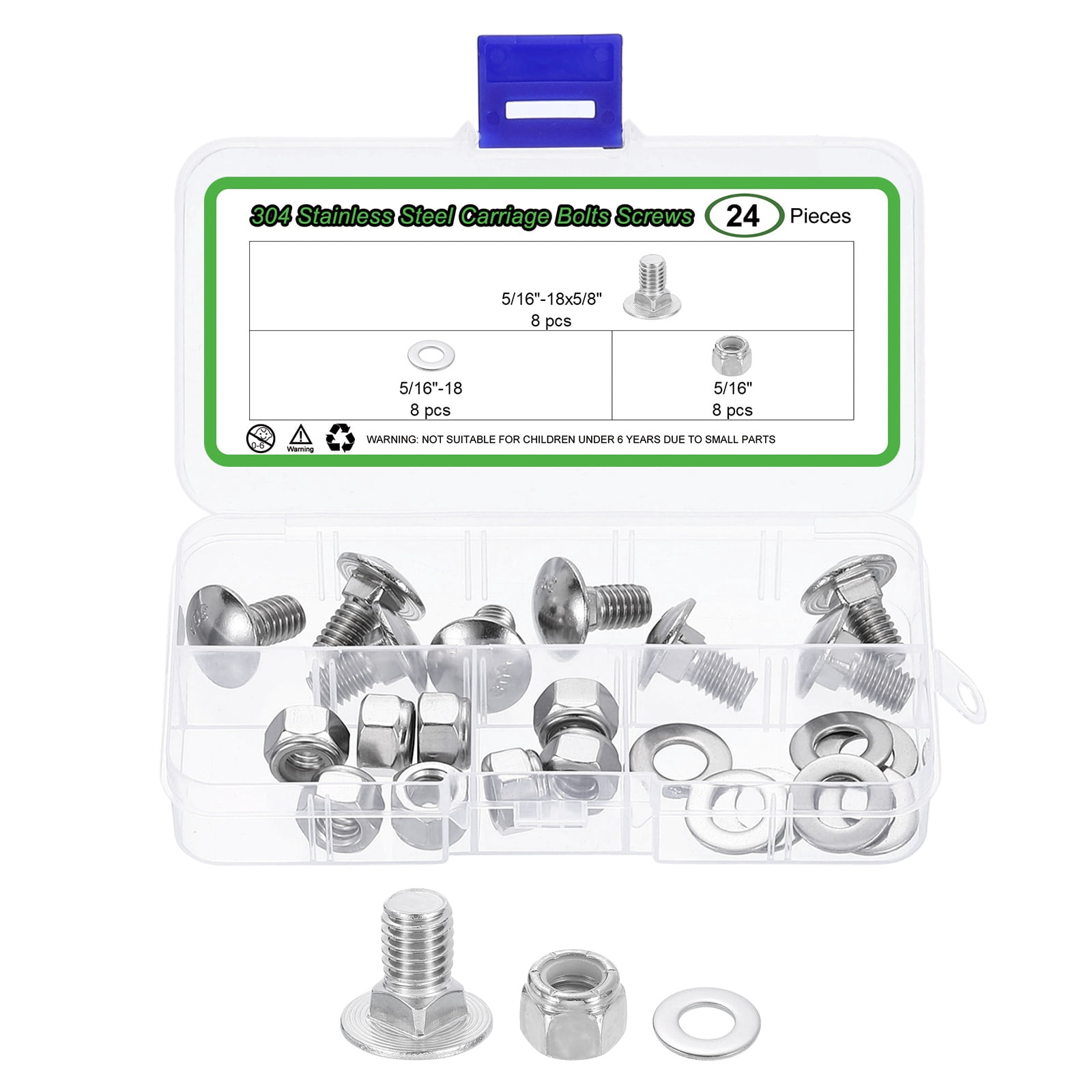 8 Set Carriage Bolts and Nuts Kit, 5/16"-18x5/8" Stainless Steel 304 ...
