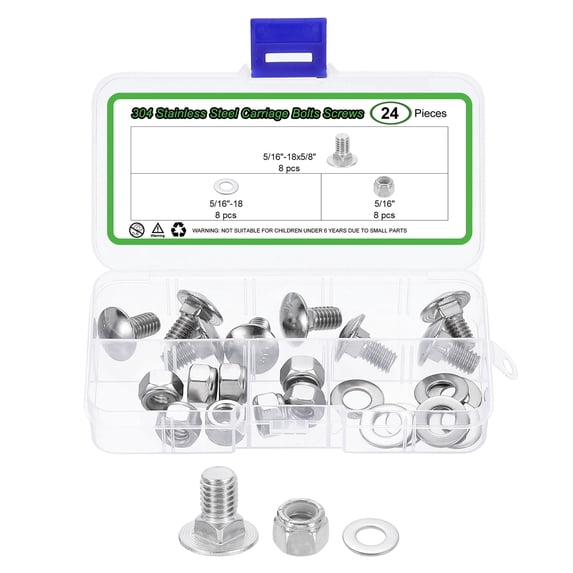 8 Set Carriage Bolts and Nuts Kit, 5/16"-18x5/8" Stainless Steel 304 ...